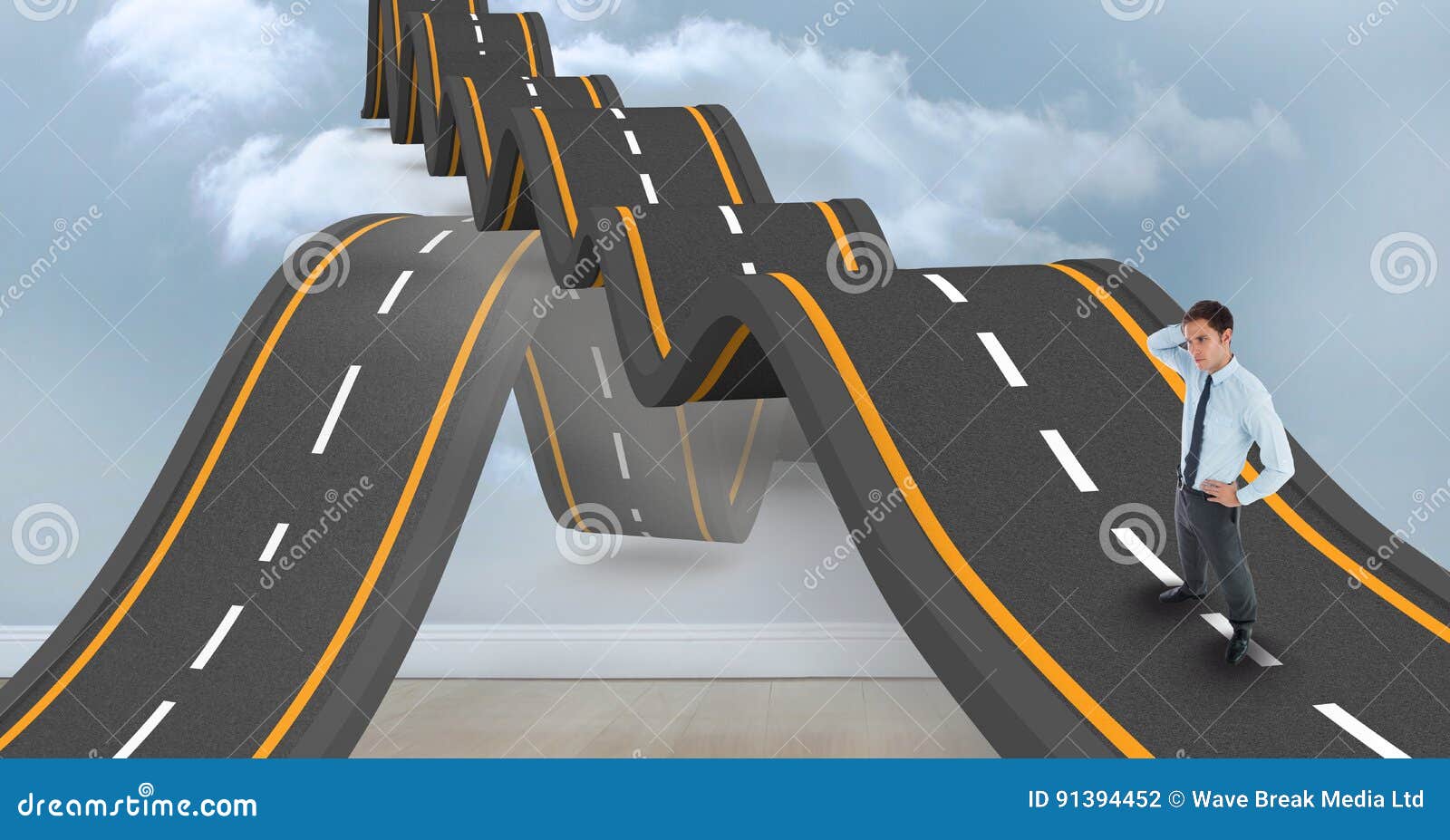 Digitally Generated Image of Confused Businessman Standing on Wavy Road ...