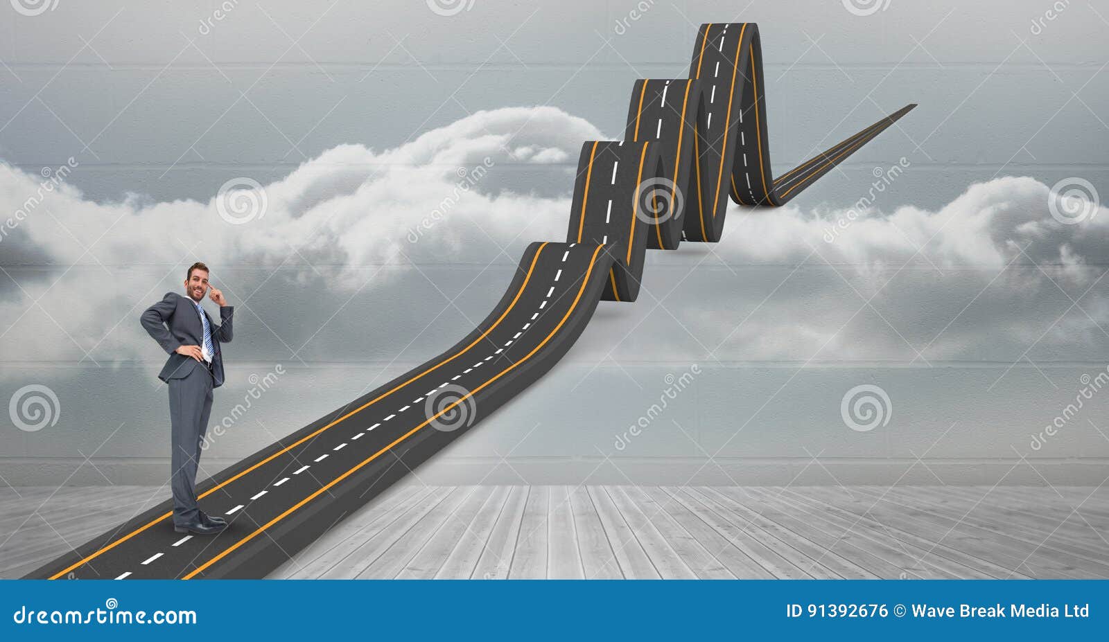 Digitally Generated Image of Confused Businessman on Wavy Road in Sky ...