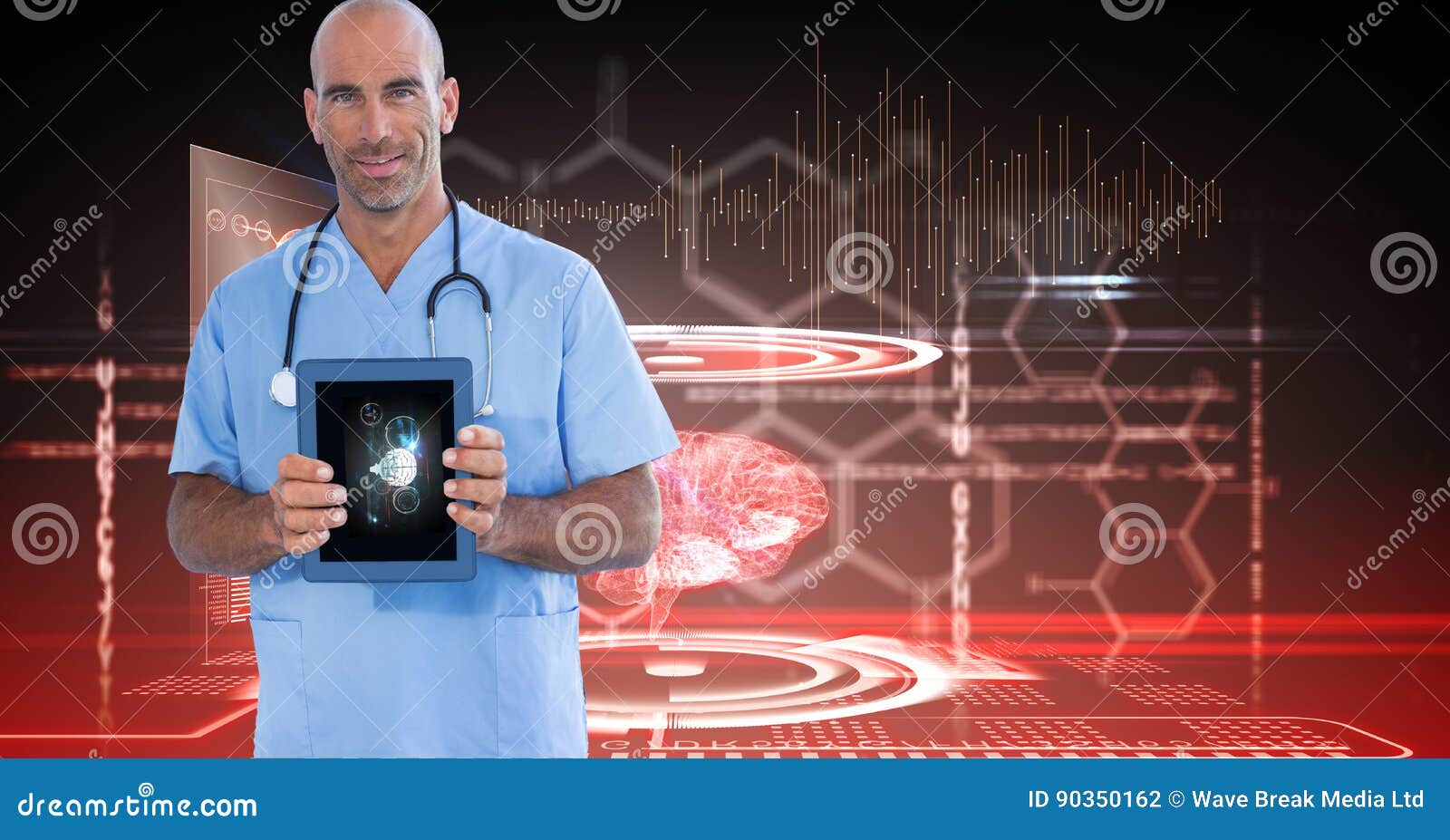 Digitally Generated Image of Male Doctor Showing Digital Tablet Against ...