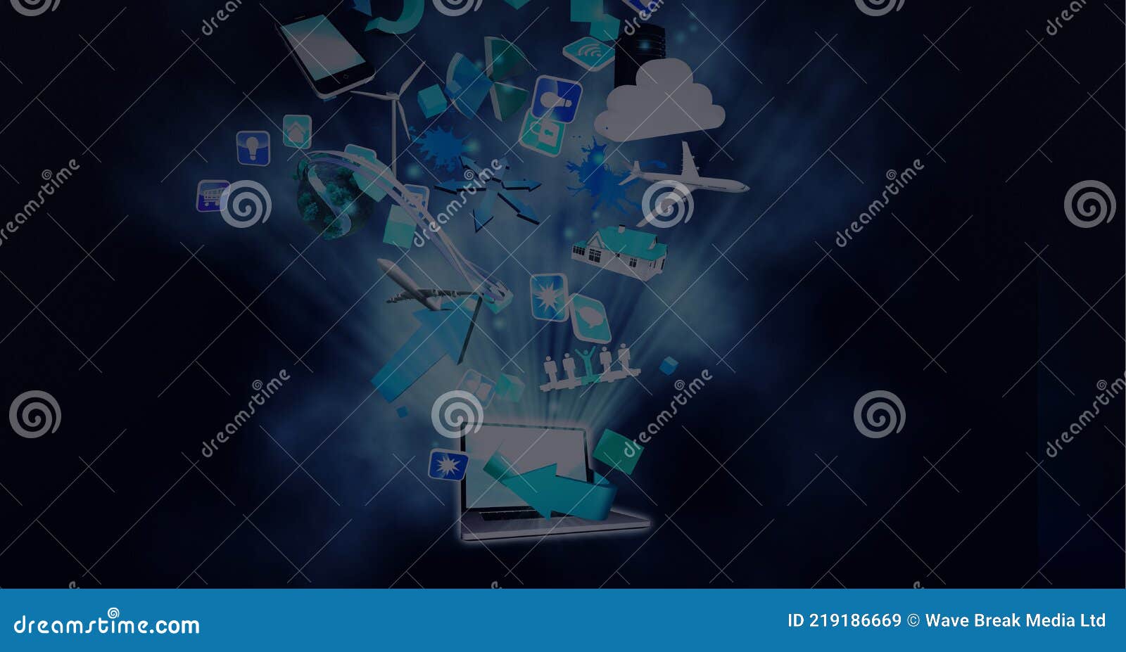 Digitally Generated Image of Multiple Digital Icons Over Laptop Against ...
