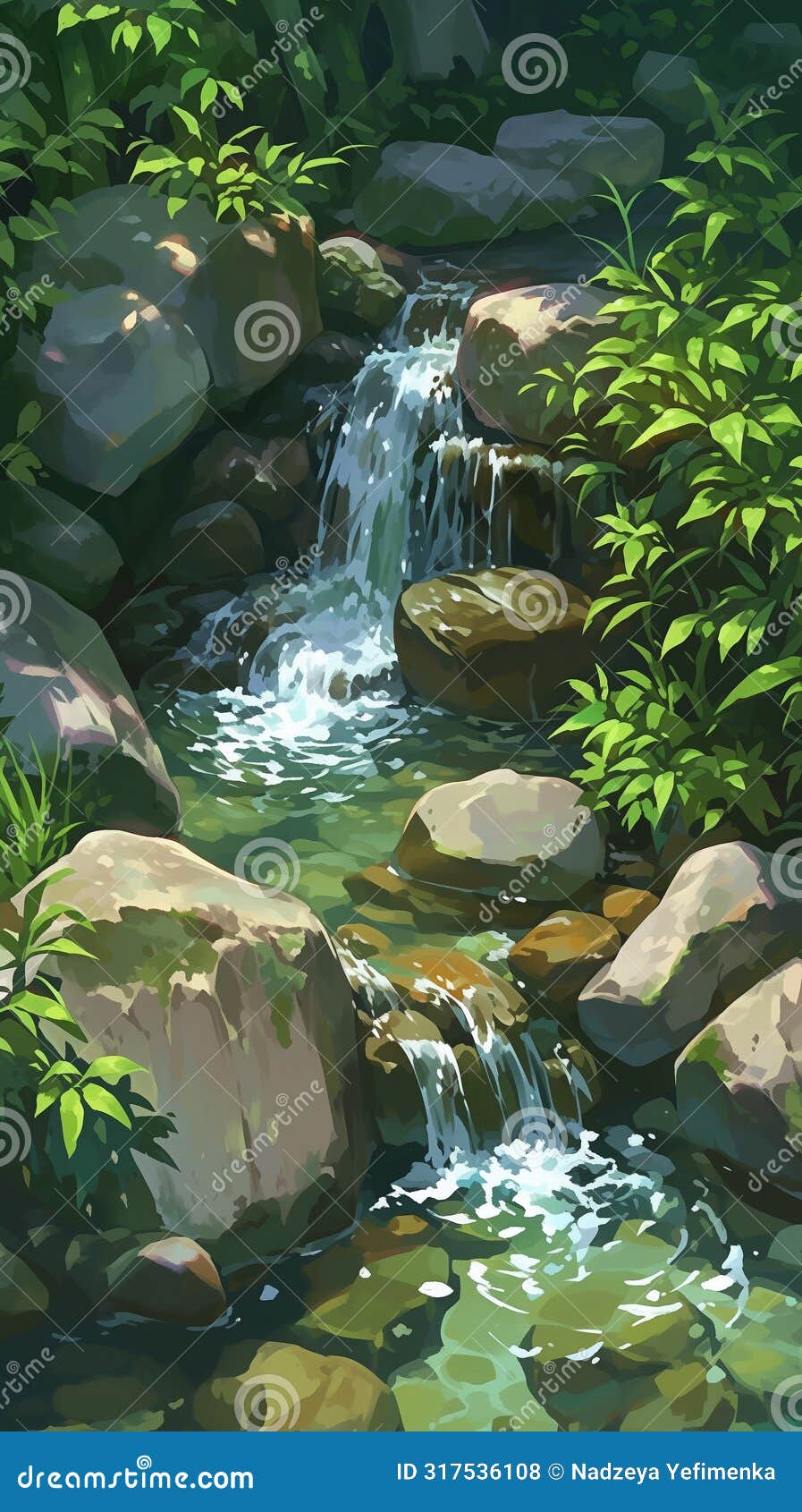 Small Stream Cascades Over Rocks Lush Green Foliage Forest Illustration ...