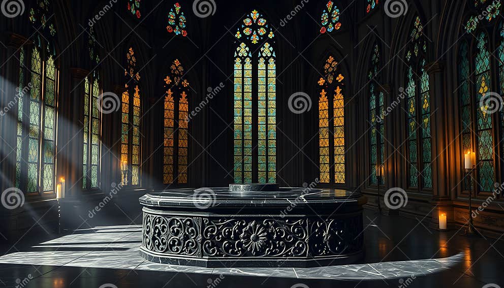 Sunlit Gothic Cathedral with Ornate Marble Dais Stock Illustration ...