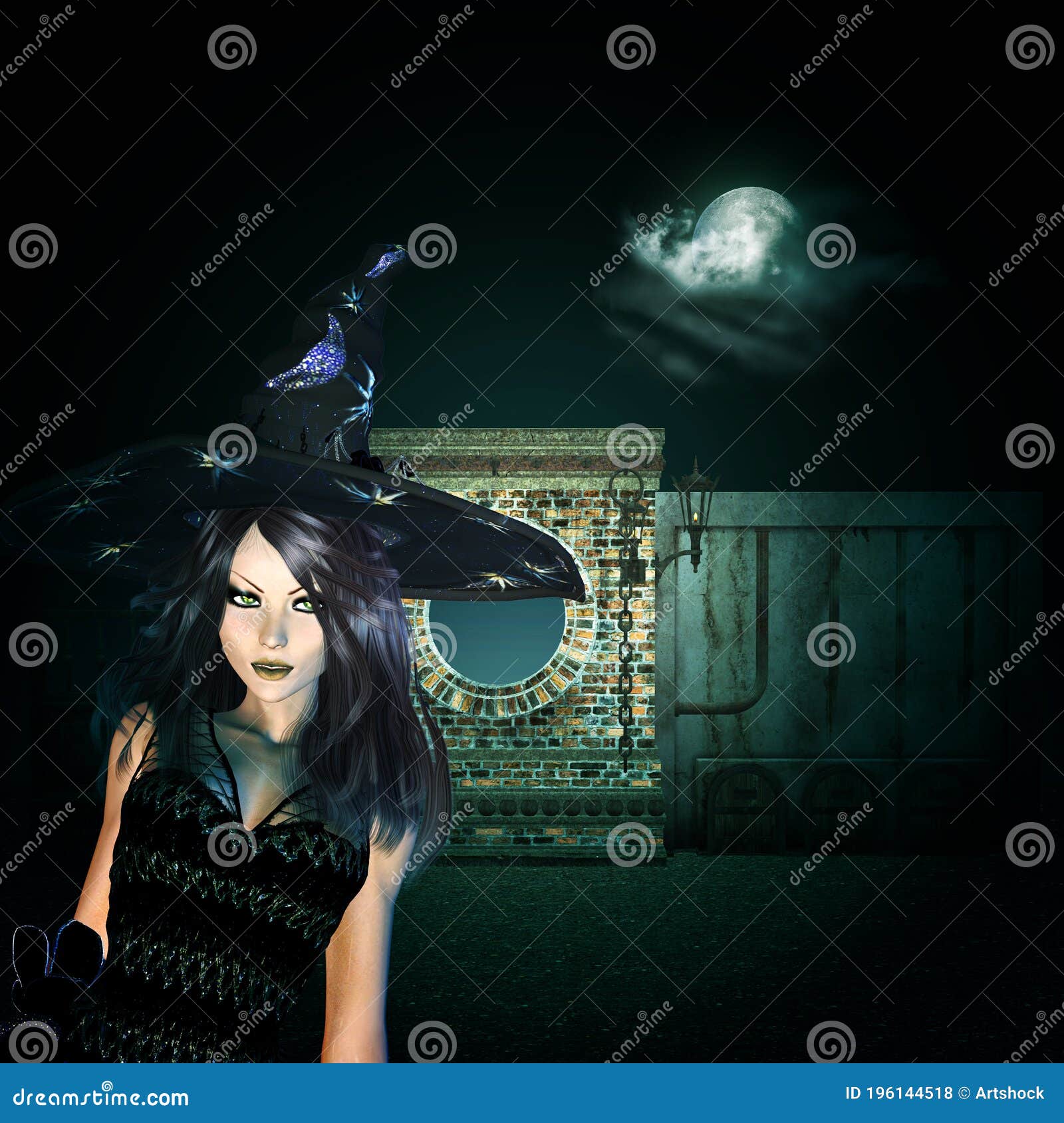 3d round window and witch stock illustration. Illustration of halloween ...