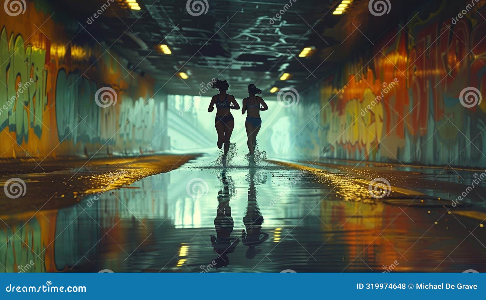 Dynamic Duo: Running through the Vibrant Urban Tunnel Stock Photo ...