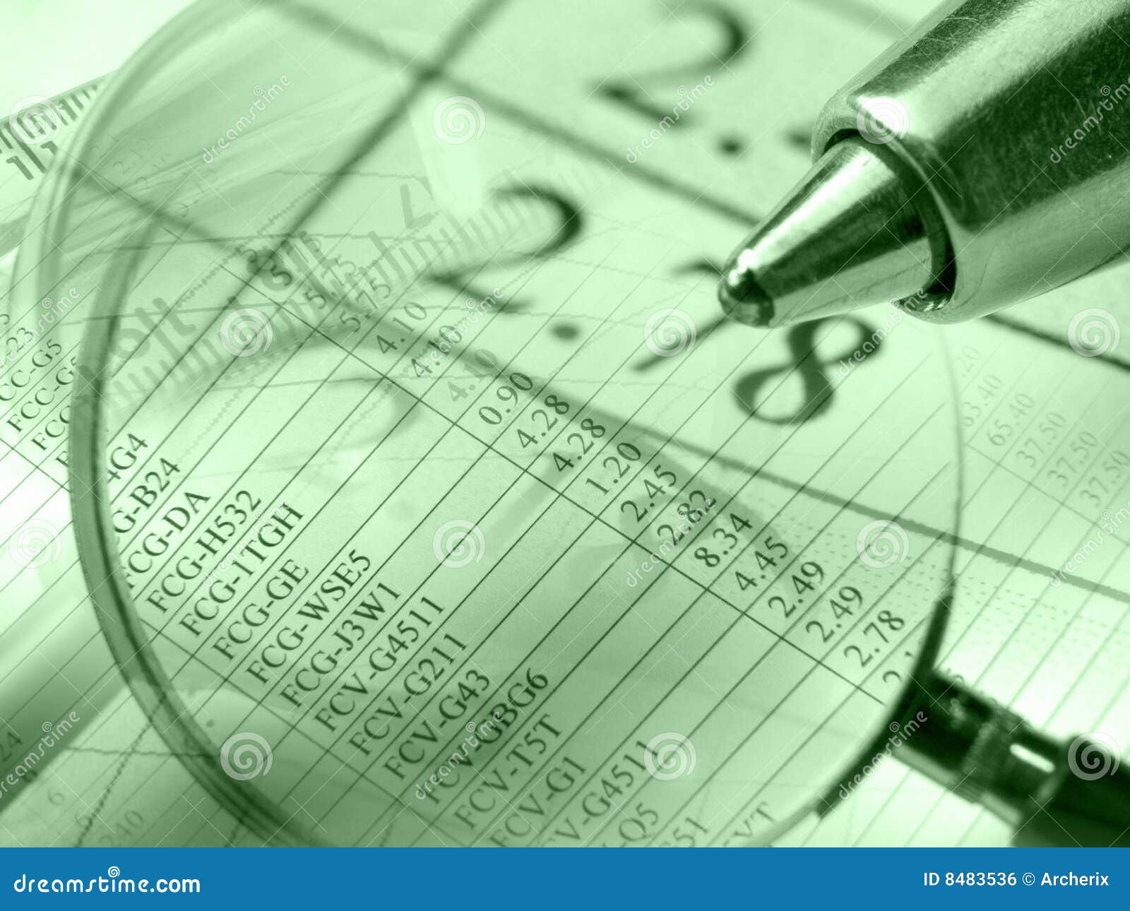 Digits, Pen and Ruler, Collage (green) Stock Photo - Image of banking ...