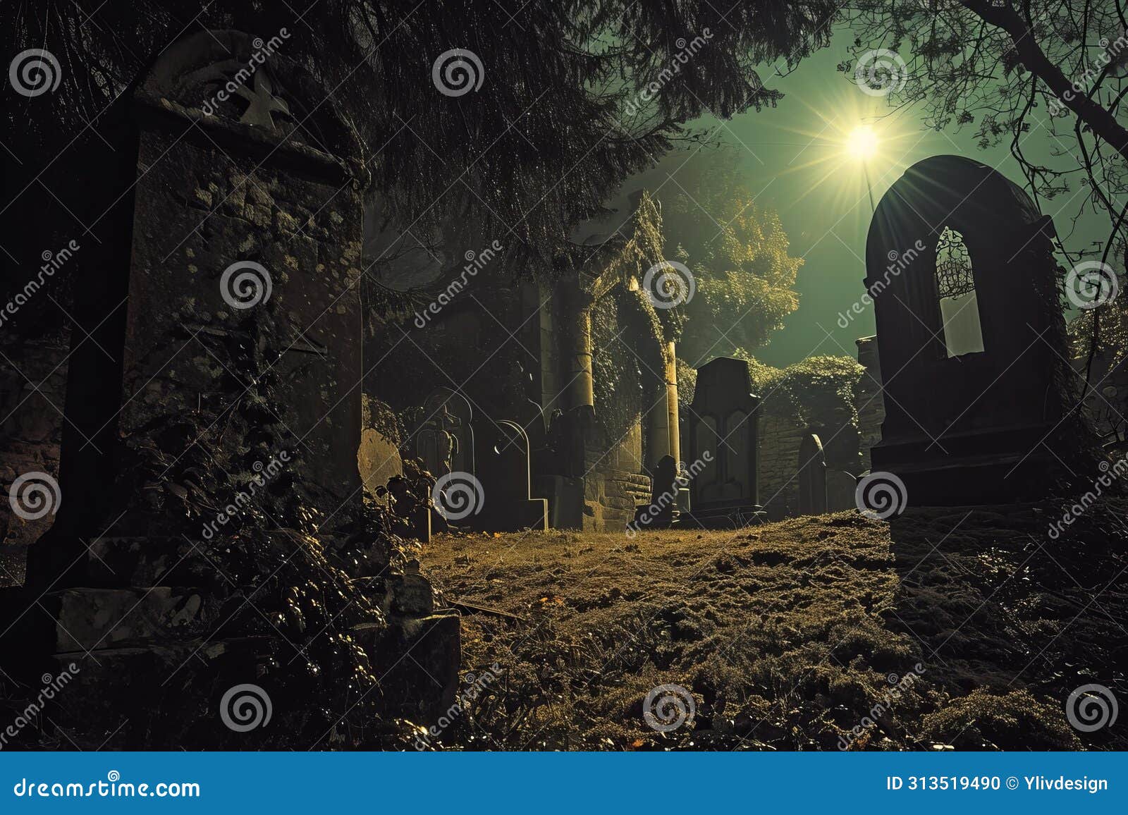 Graveyard At Night. Fog. Sinister. Memorial Park Or Crypts Graveyard ...