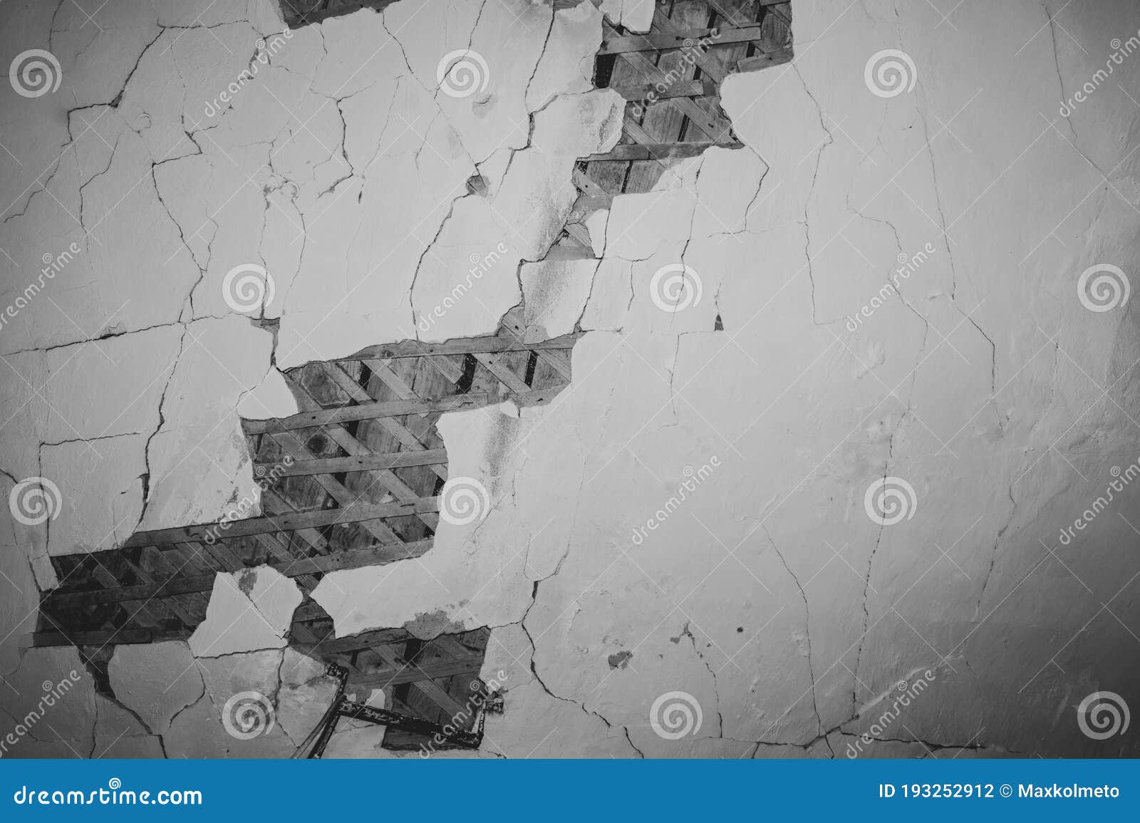 Dilapidated Ceiling of an Old House. Damaged Wall with a Hole with ...