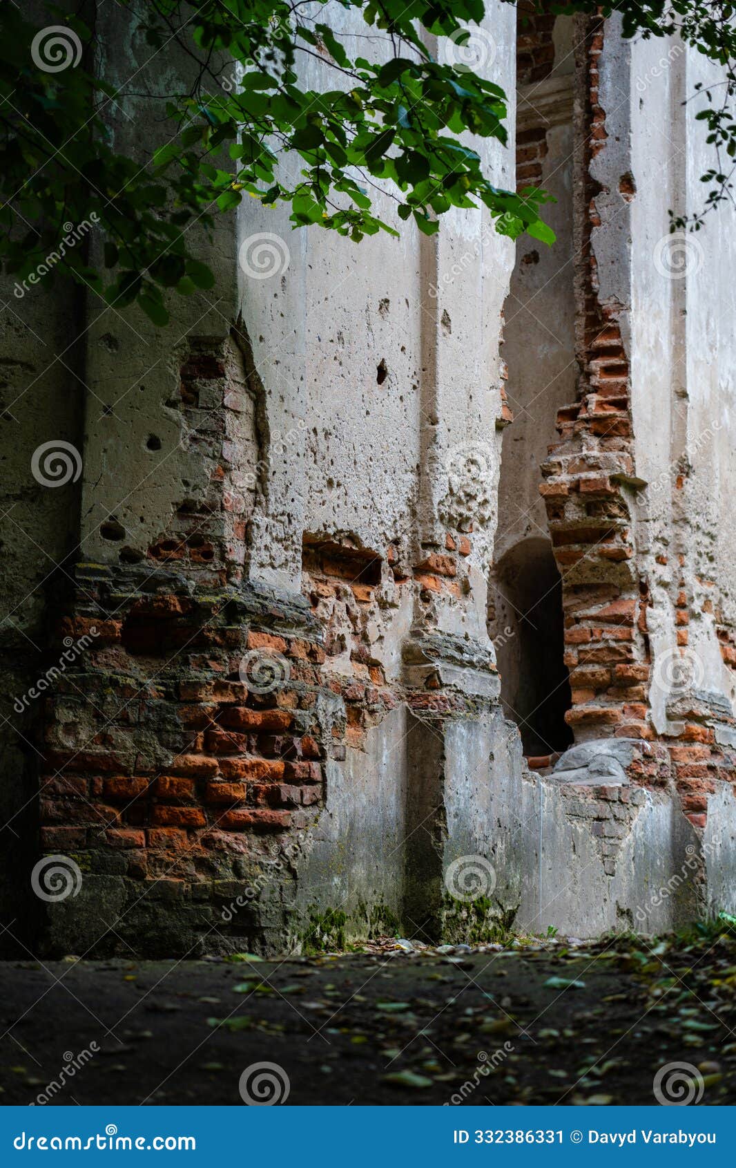 A Dilapidated Church. Bullet Marks in the Brick Wall. Survived the War ...