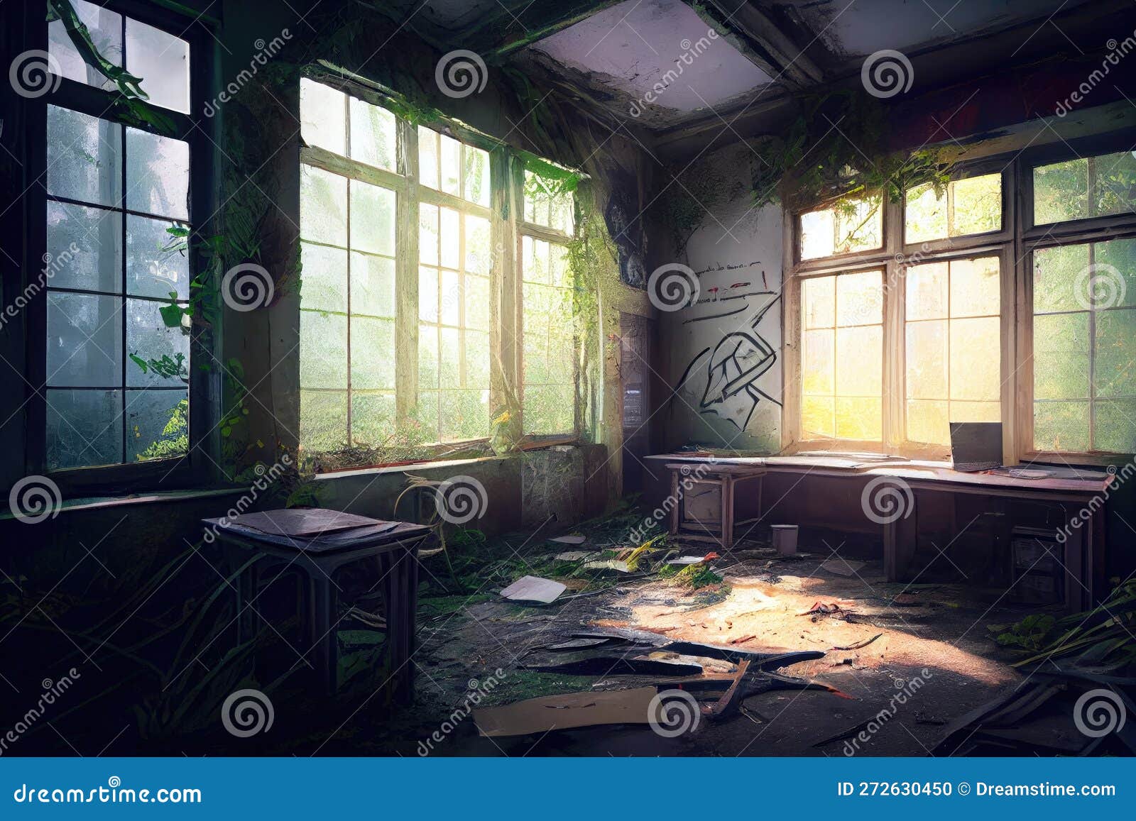 A Dilapidated Classroom with Broken Windows and Graffiti on the Walls ...