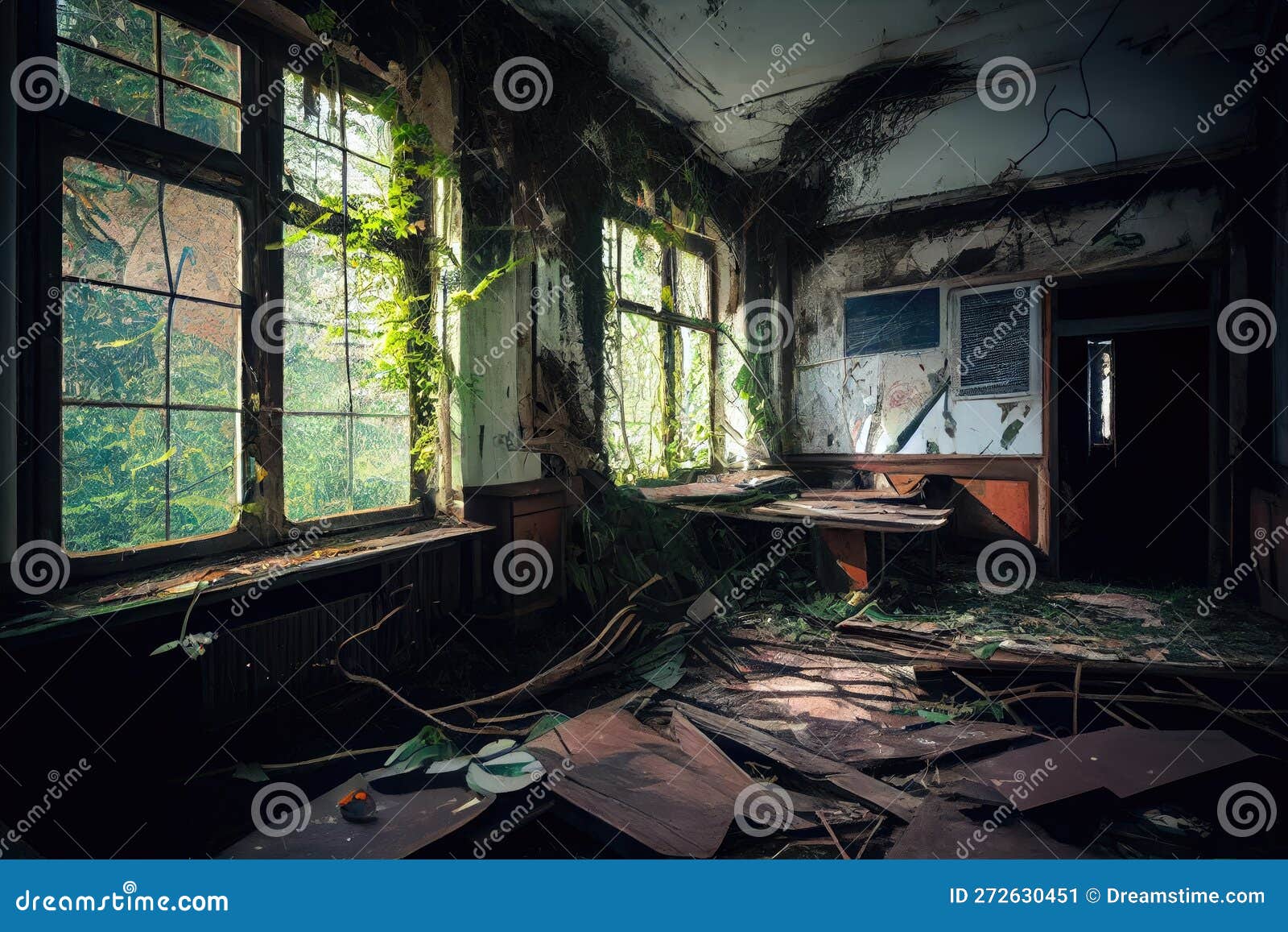 A Dilapidated Classroom with Broken Windows and Graffiti on the Walls ...