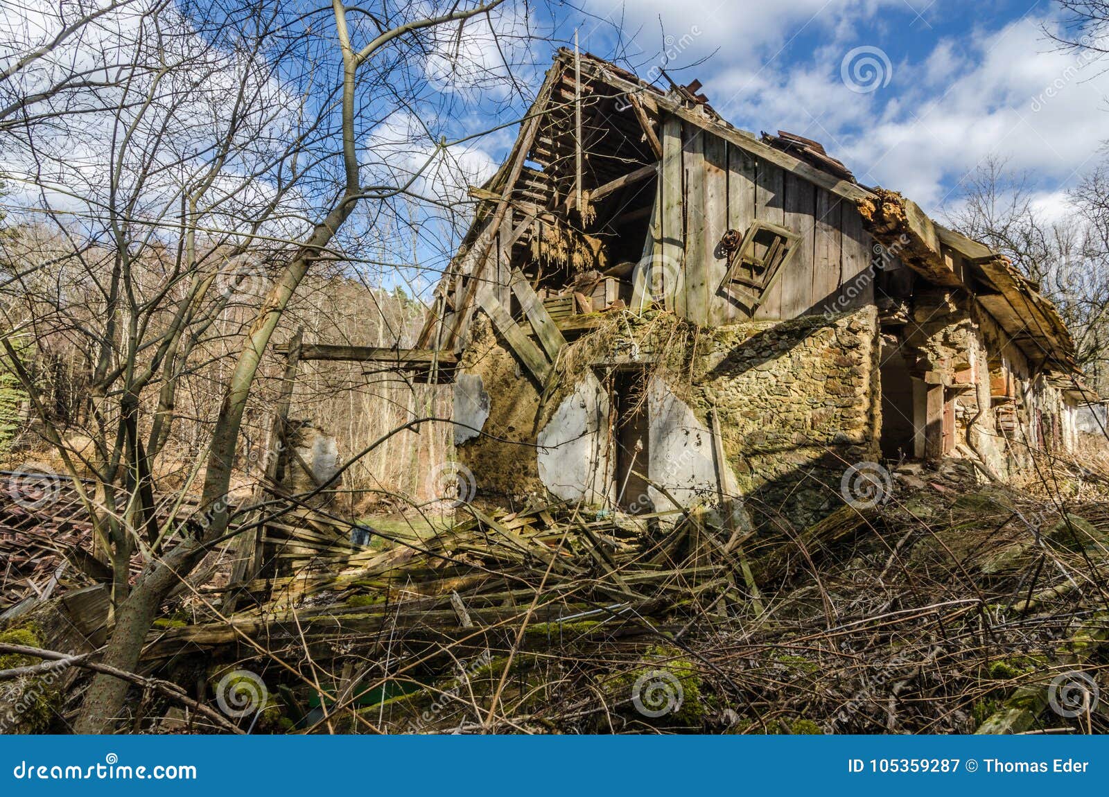 Dilapidated Farm in the Forest Stock Image - Image of building, history ...