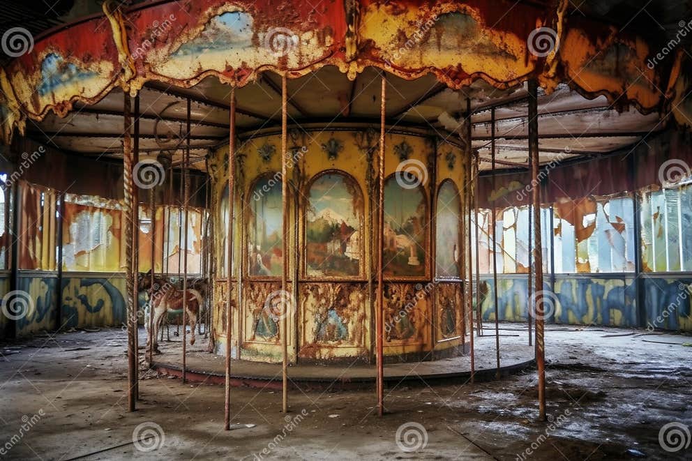 Dilapidated Old Carousel with Chipped Paint and Rust Stock Illustration ...