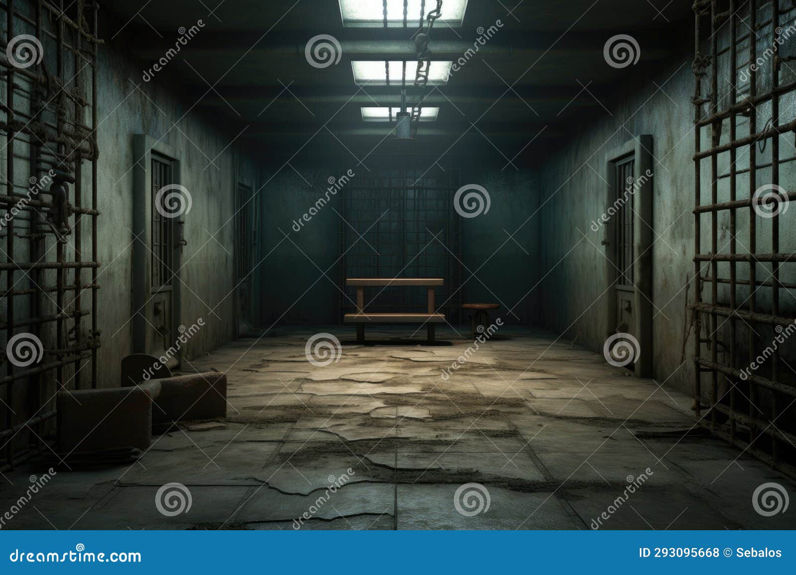 A Dilapidated Prison Cell with a Bench and a Chair Stock Illustration ...