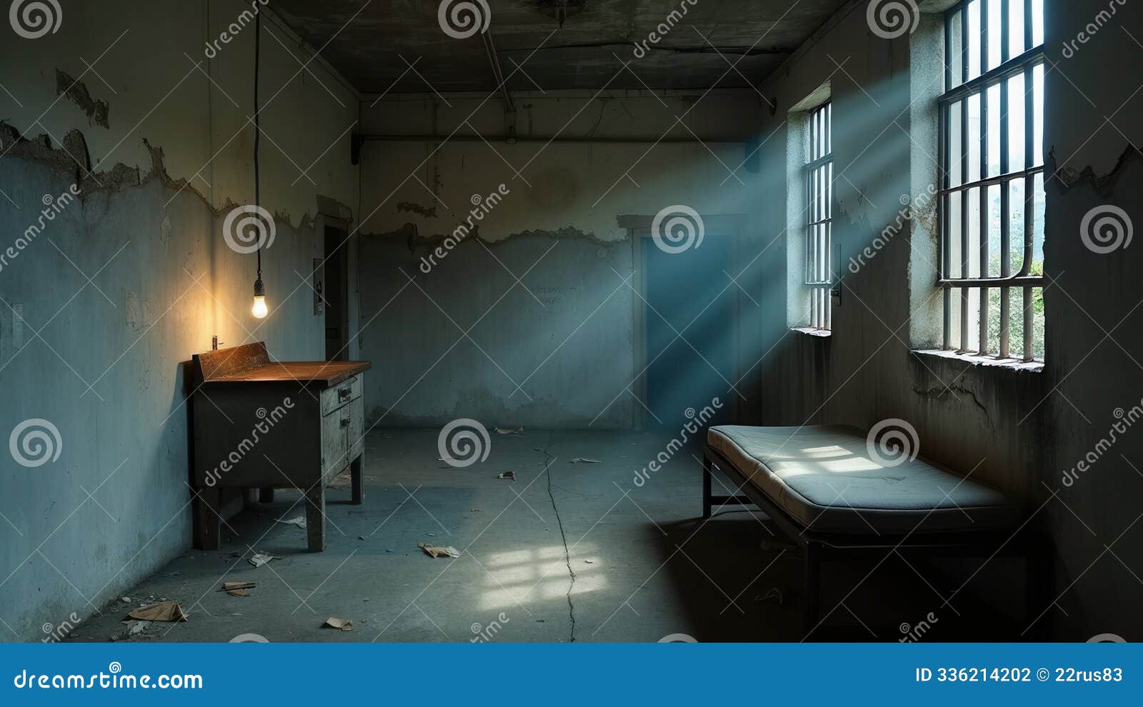 Dilapidated Room with Bed, Desk, and Light Beam through Window ...