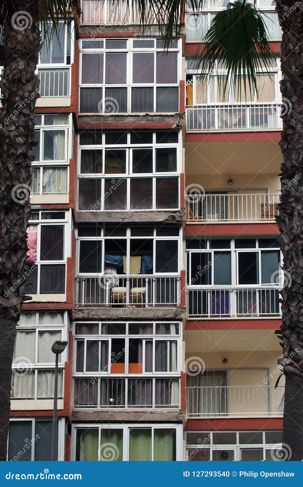 Dilapidated Run Down Scruffy Apartment Building Framed between Two Palm ...
