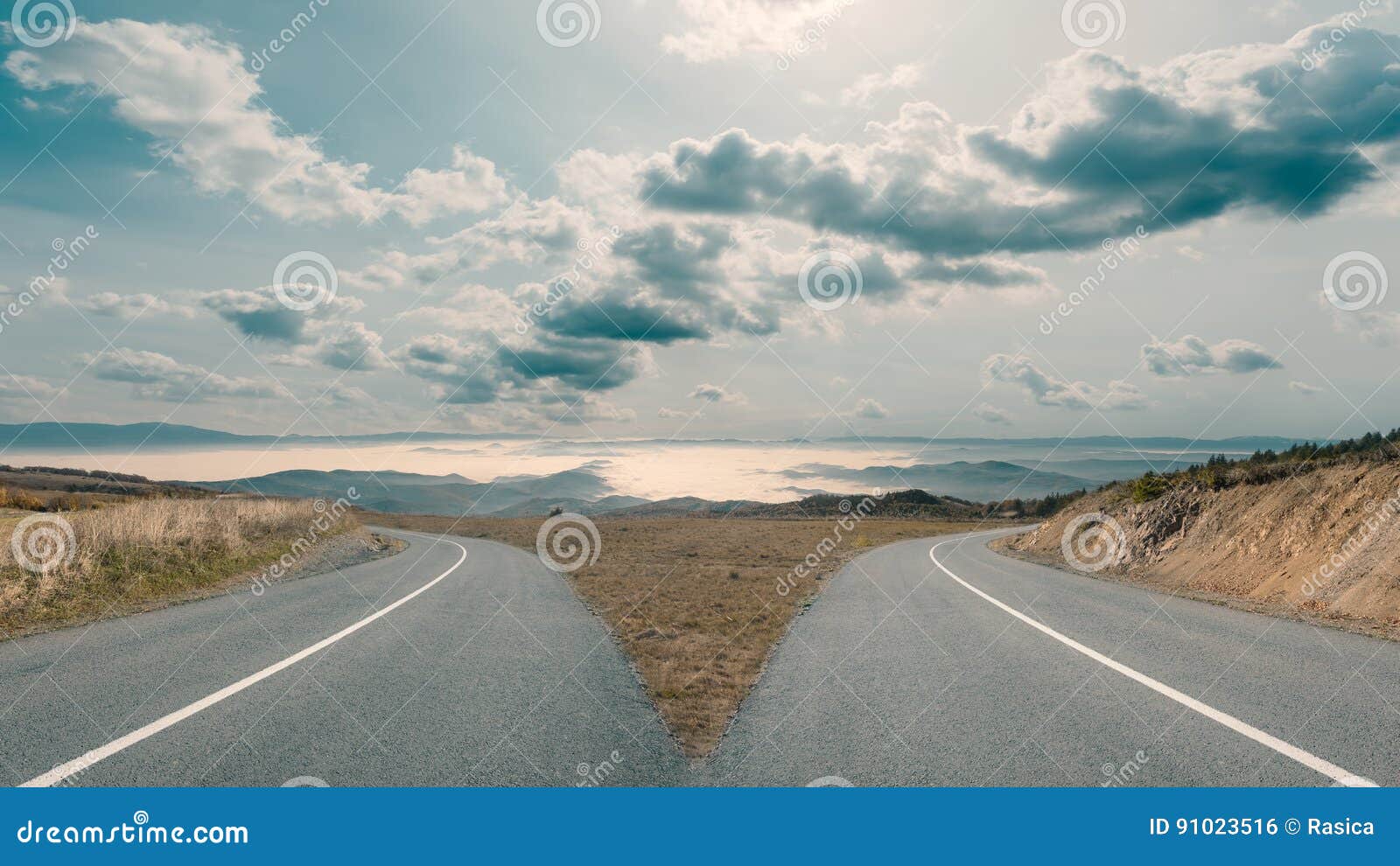 Dilemma with Mountain Roads Spliting in Two Ways Stock Photo - Image of ...