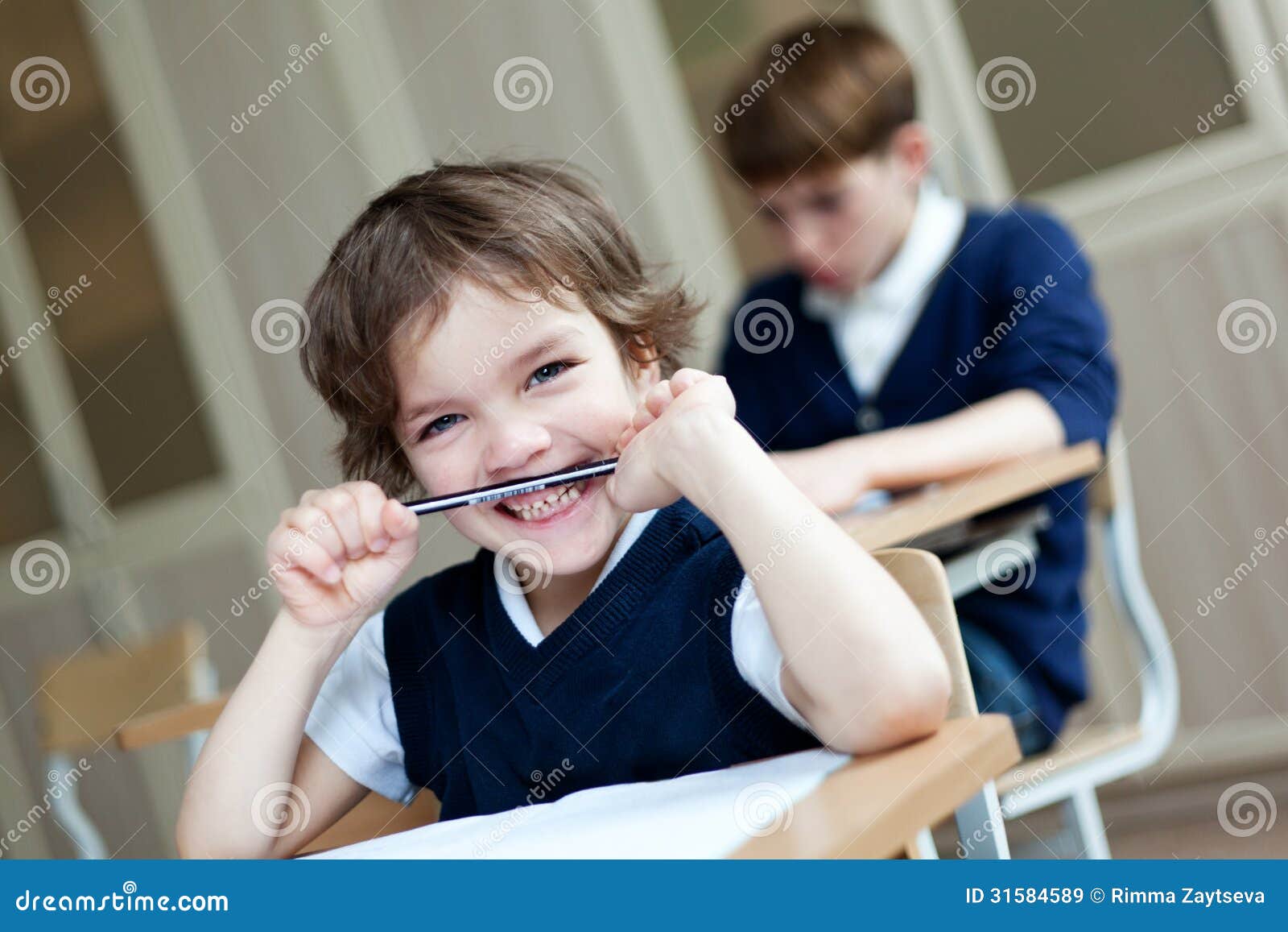 Diligent Student Sitting at Desk, Classroom Stock Image - Image of ...