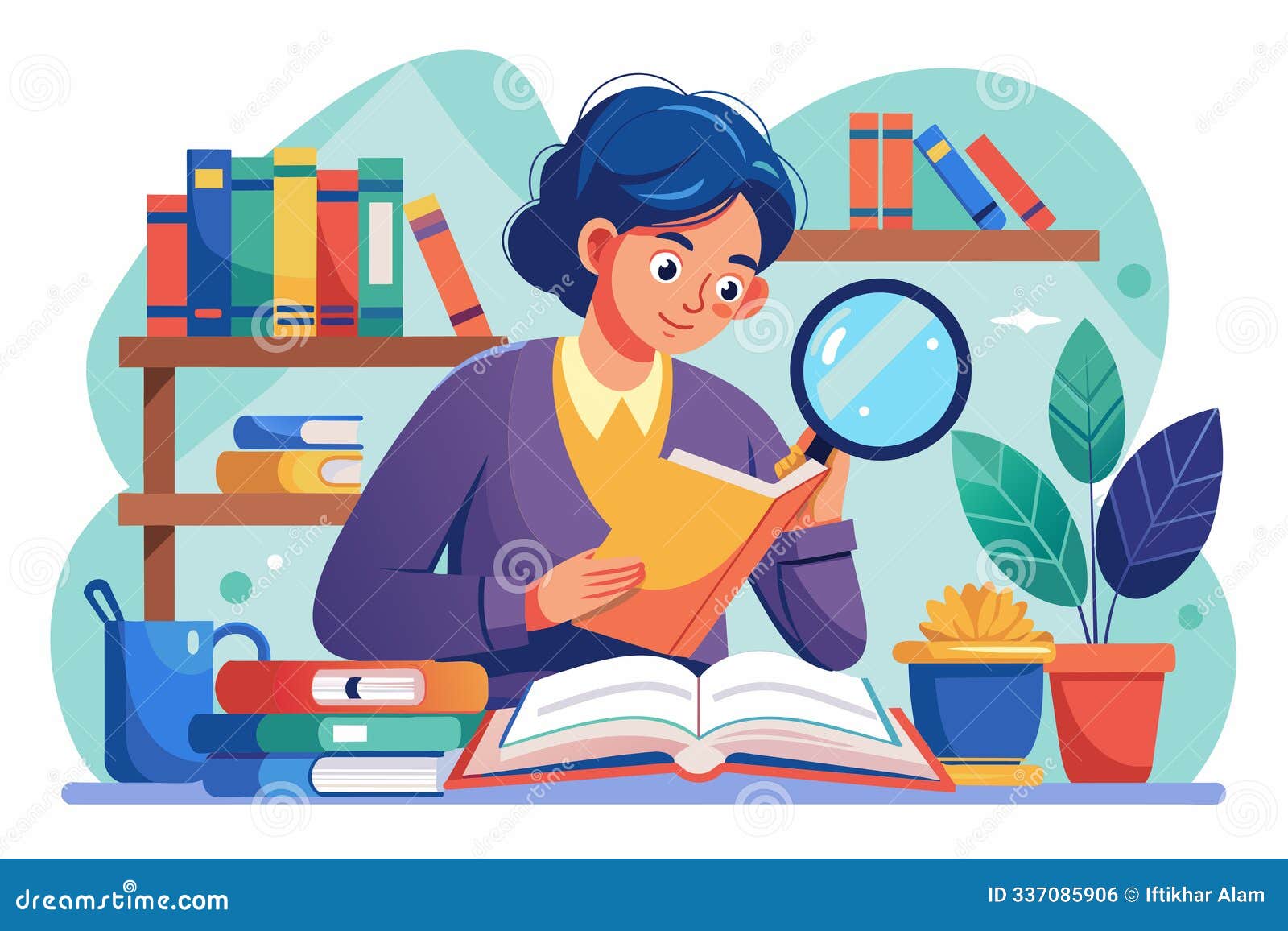 A Diligent Student Uses a Magnifying Glass To Study Books Surrounded by ...
