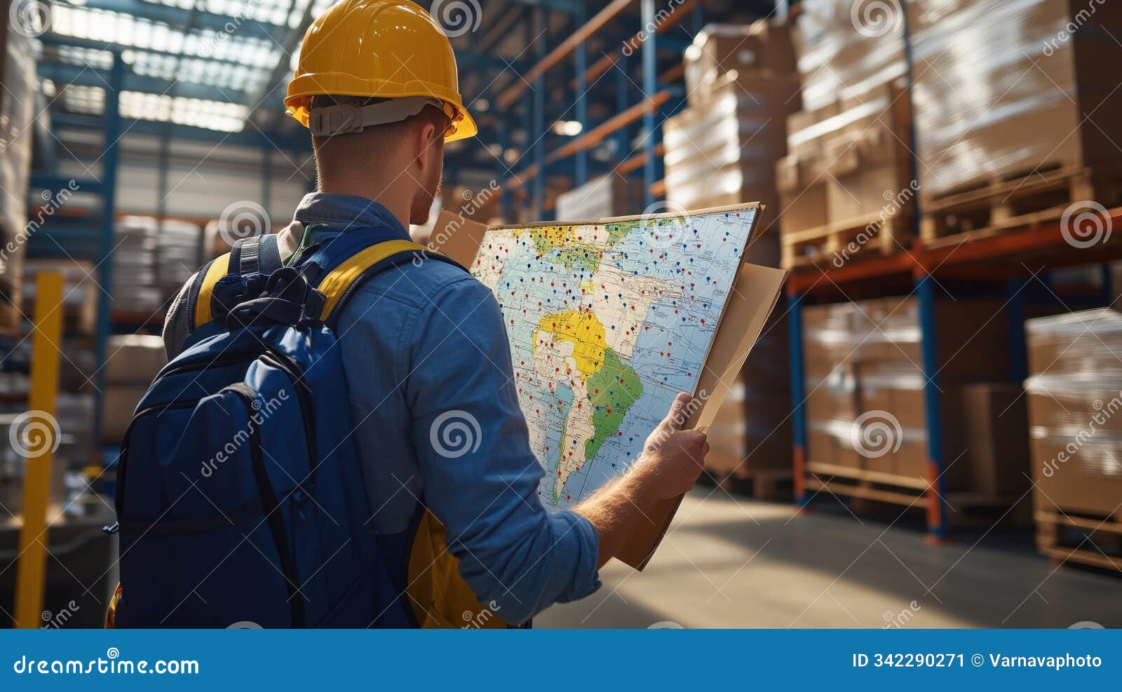 Worker Examining a Detailed Map in a Busy Warehouse with Shelves Full ...