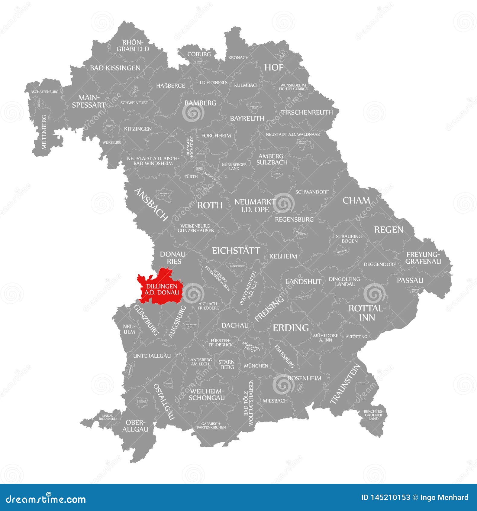 Dillingen an Der Donau County Red Highlighted in Map of Bavaria Germany ...