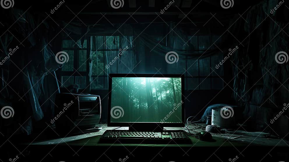 Dim computer screen dark stock illustration. Illustration of eerie ...