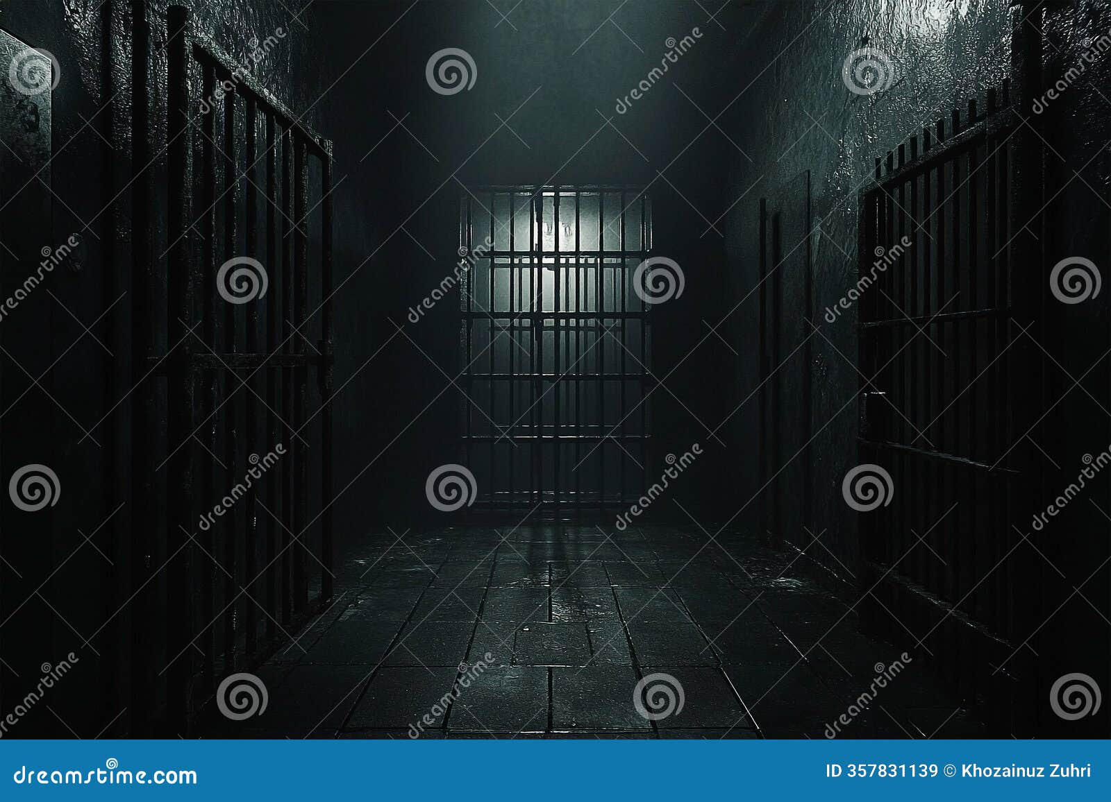 A Dim and Foreboding Prison Corridor with Cell Doors and Barred Gates ...