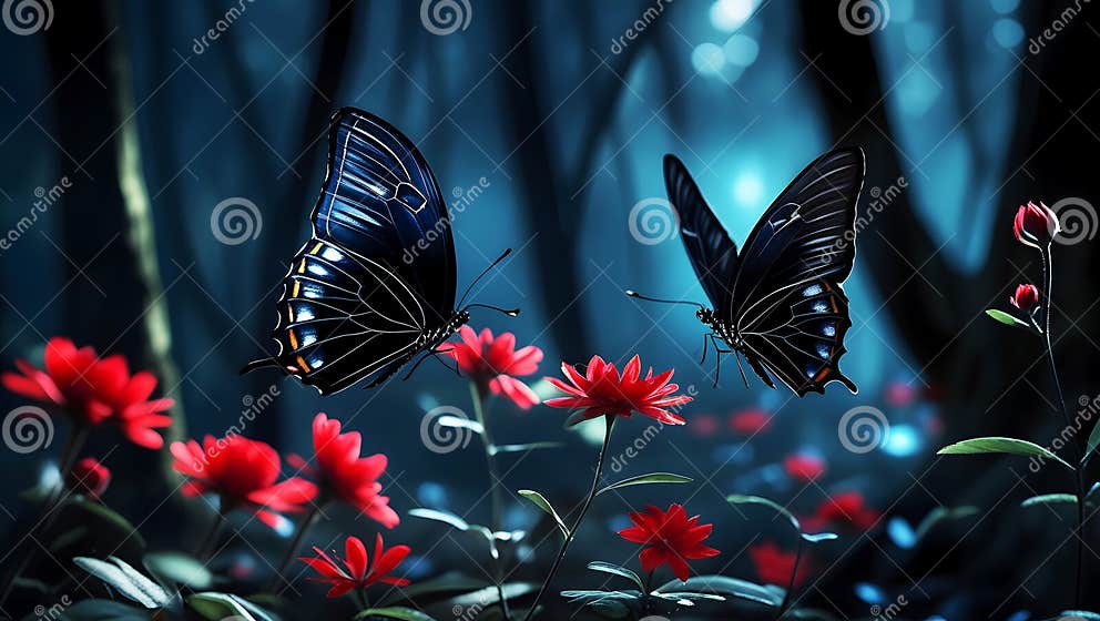 Dim Forest Symphony with Black Butterflies Stock Image - Image of lush ...