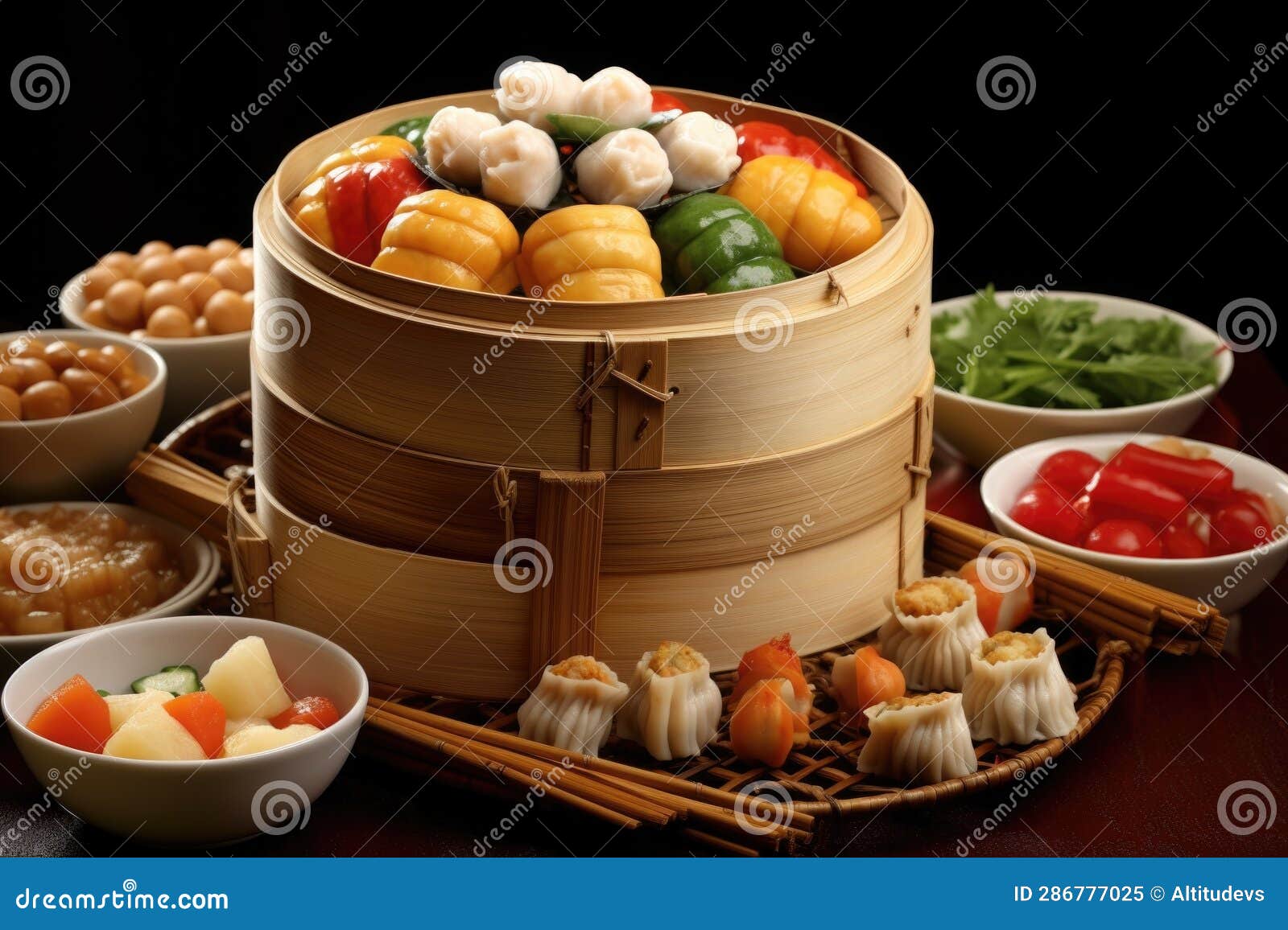 Dim Sum Assortment in Traditional Bamboo Steamer Stock Illustration ...