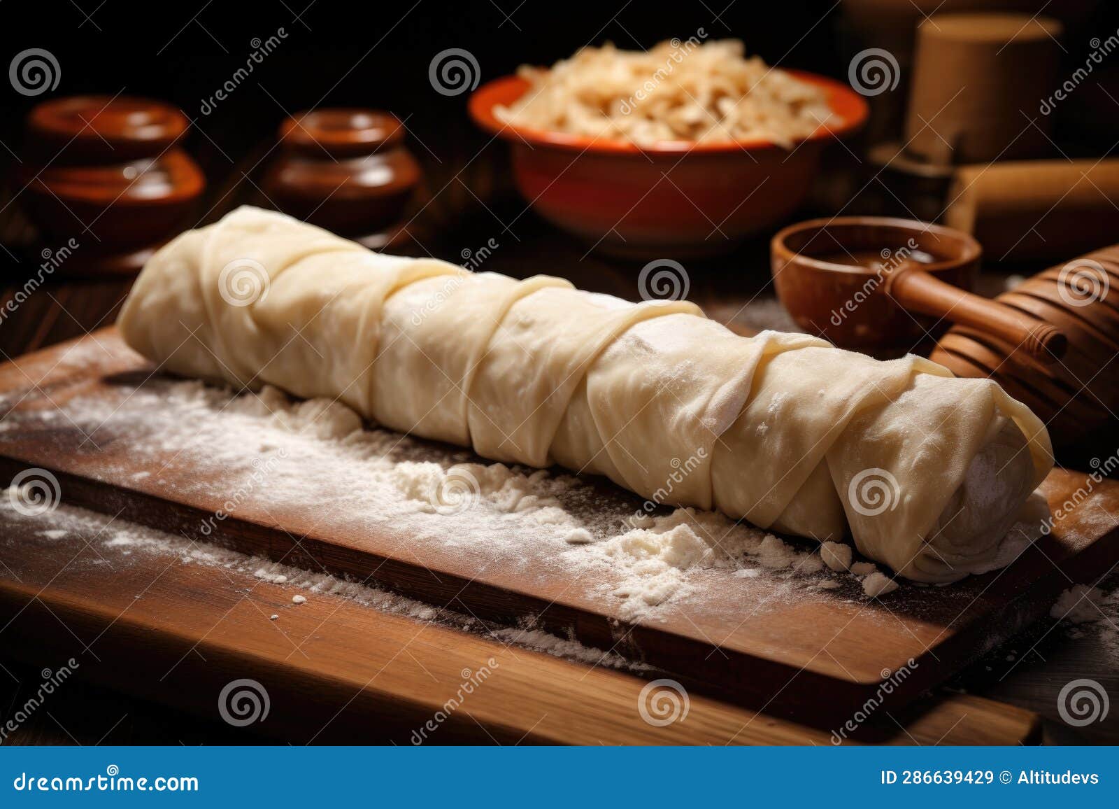 Dim Sum Dough Rolled Out with Rolling Pin Stock Image - Image of ...