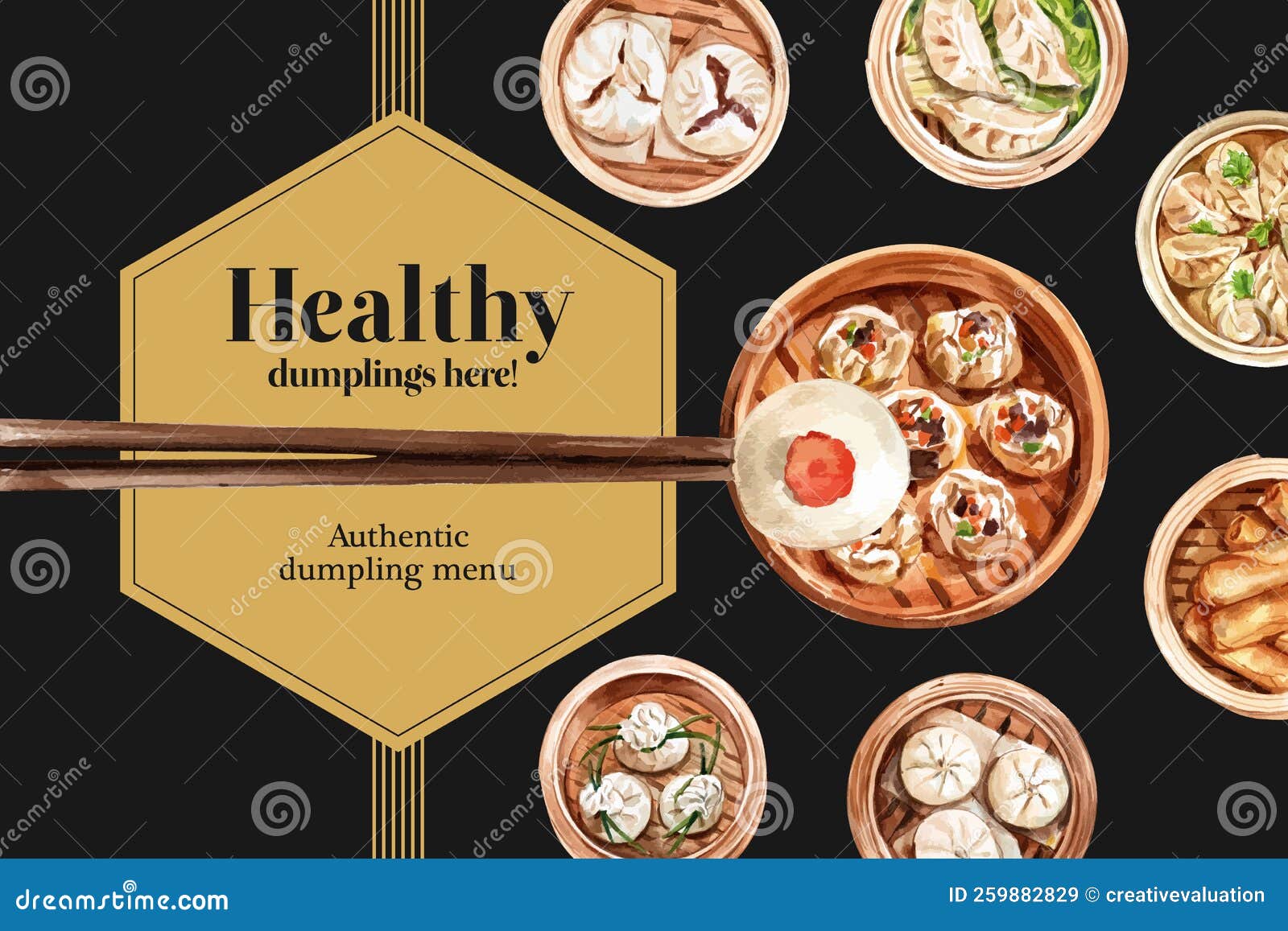 Dim Sum Frame Design with Dumpling, Steamed Bun Watercolor Illustration ...