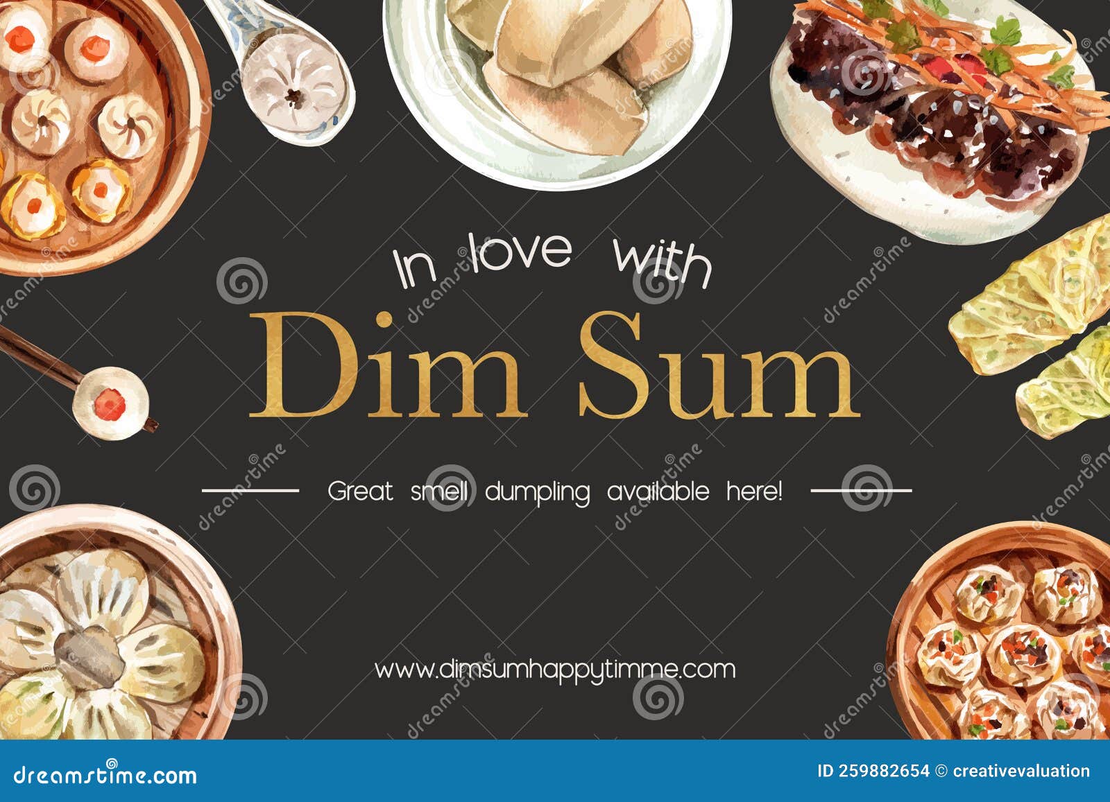 Dim Sum Frame Design with Steamed Bun Watercolor Illustration Stock ...