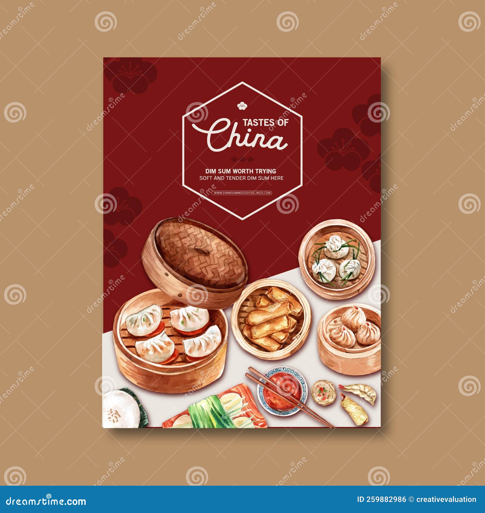 Dim Sum Poster Design with Spring Roll Watercolor Illustration Stock ...