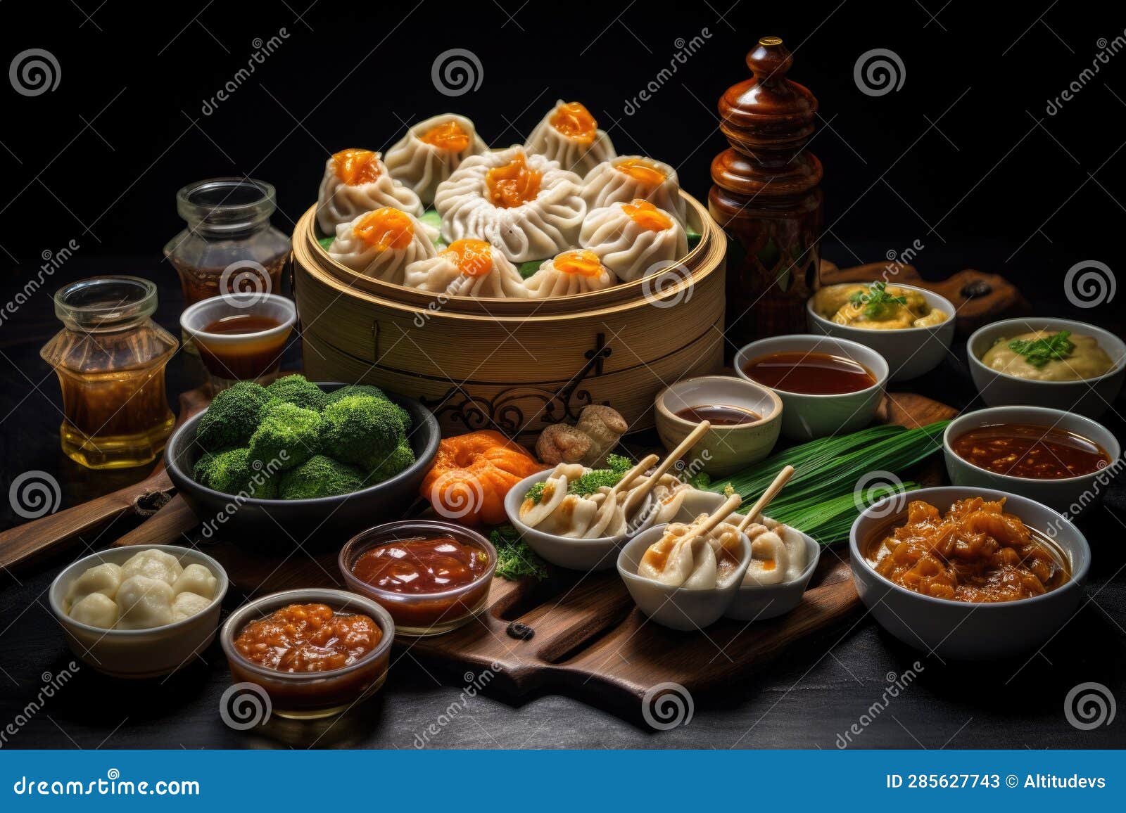 Dim Sum Preparation with Sauces and Garnishes Stock Image - Image of ...
