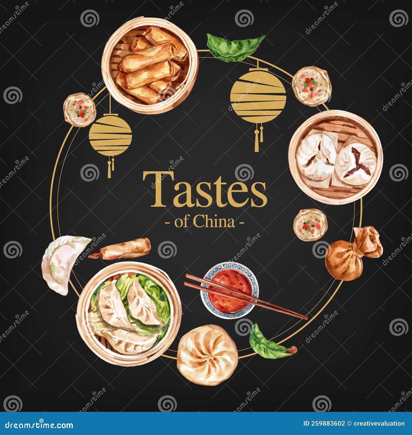 Dim Sum Wreath Design with Spring Roll Watercolor Illustration Stock ...