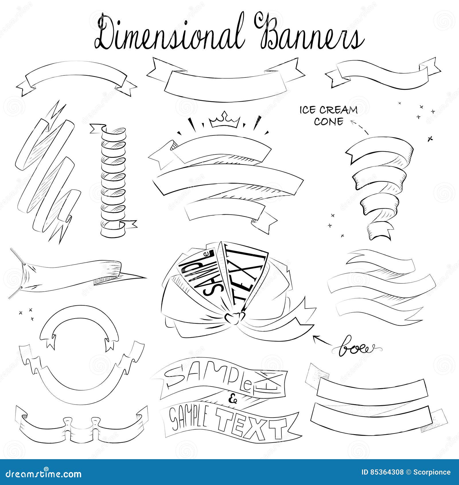 15 Dimensional Banners, Hand Drawn Sketch, Unusual Shapes Stock Vector ...