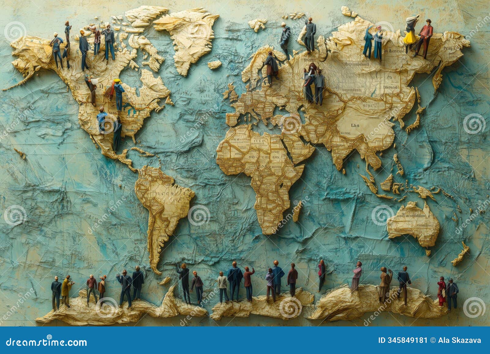 A Dimensional World Map with Miniature Figures Representing Global ...
