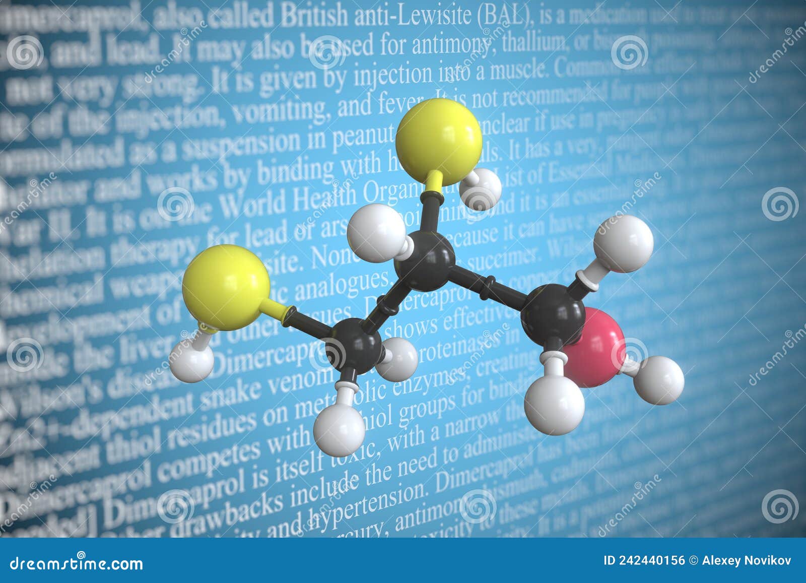 Dimercaprol Scientific Molecular Model, 3D Rendering Stock Illustration ...
