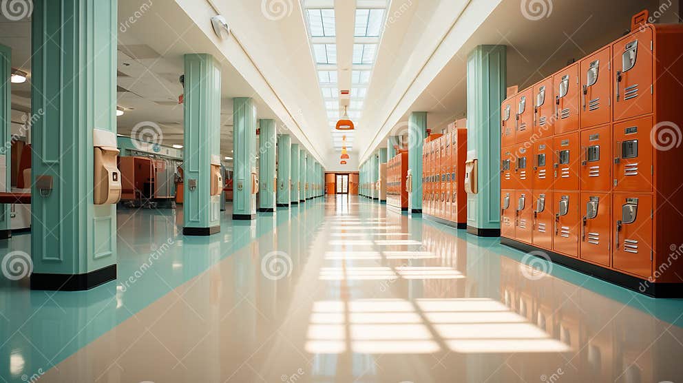 Diminishing Perspective of Lockers in Modern High School Corridor Stock ...