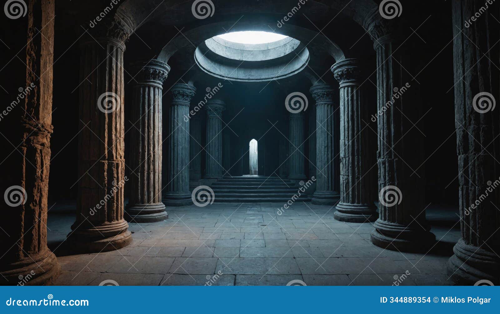 A Dimly Lit, Ancient Chamber with Stone Pillars and a Circular Opening ...