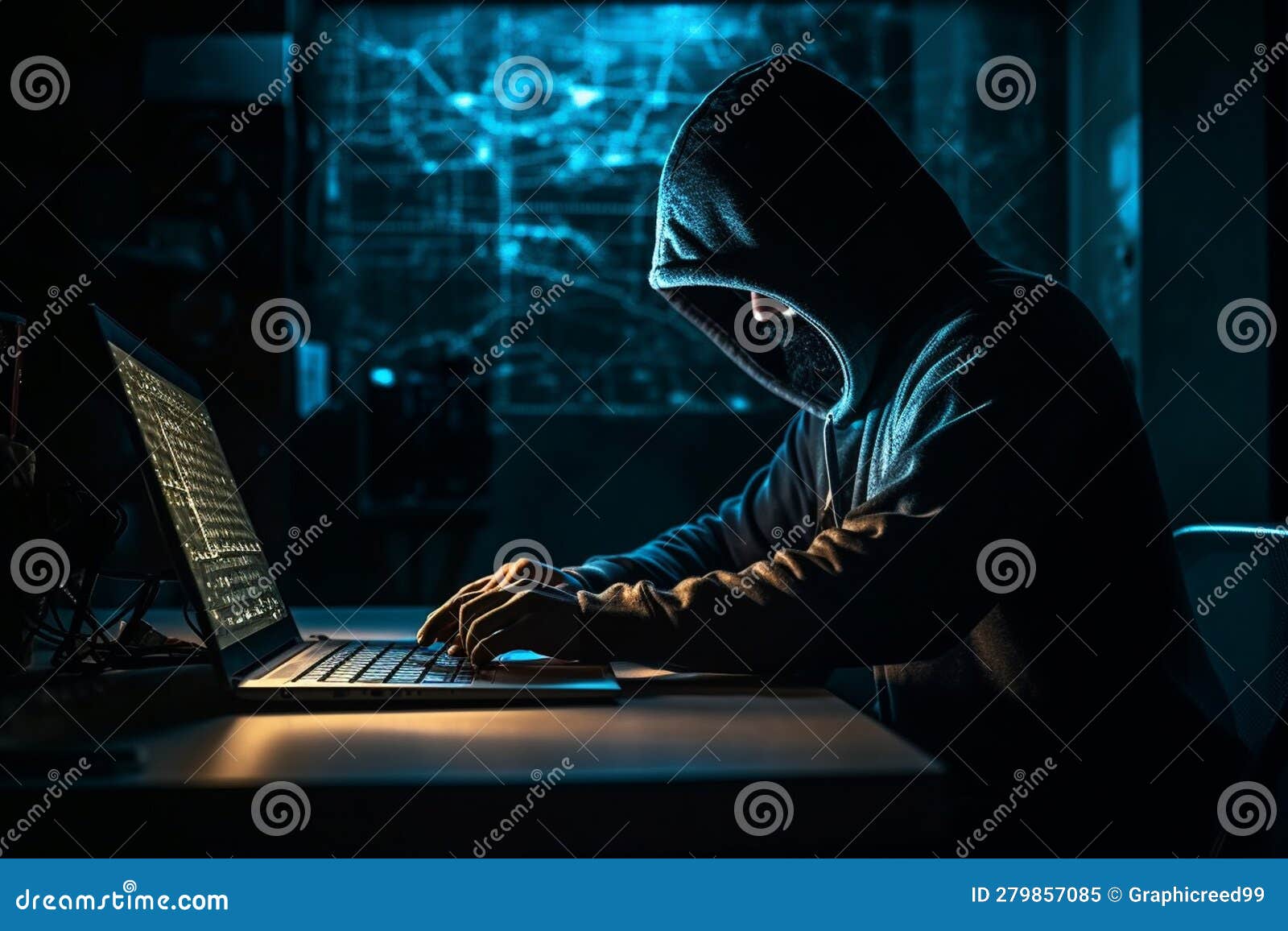 Ai Generative Hooded Hacker Stealing Information from a Computer. Dark ...
