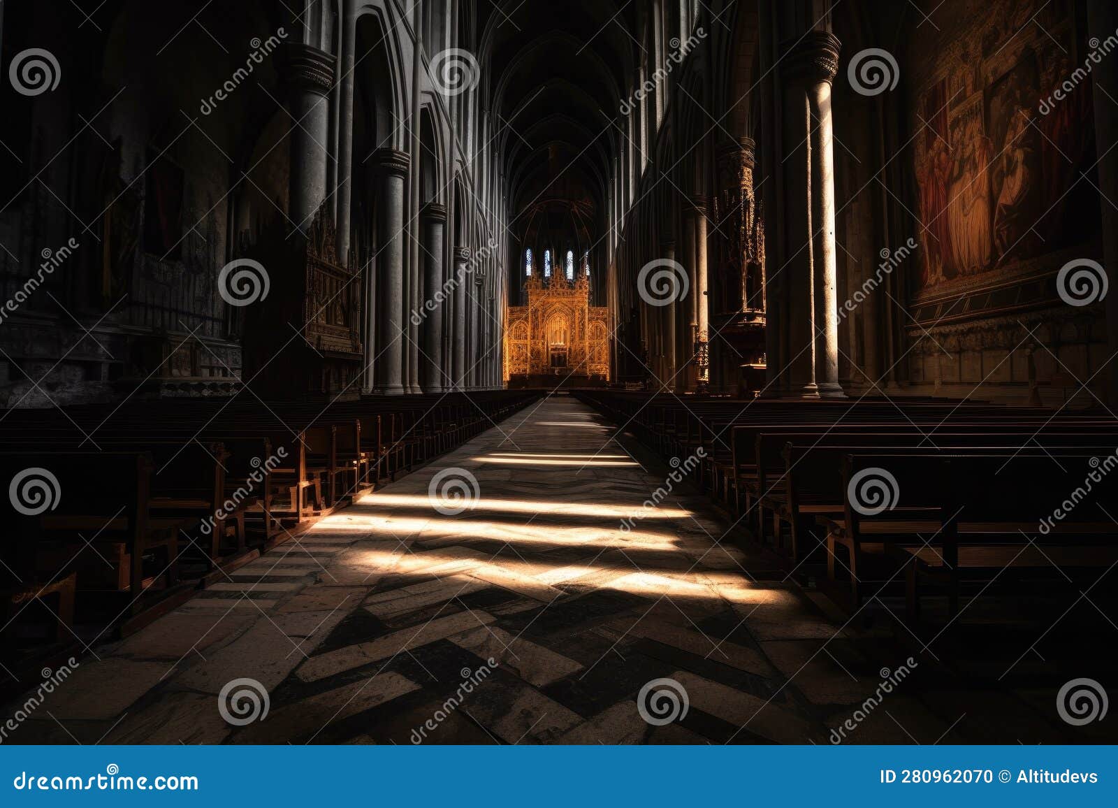 Dimly Lit Cathedral Aisle with Dramatic Shadows Stock Illustration ...