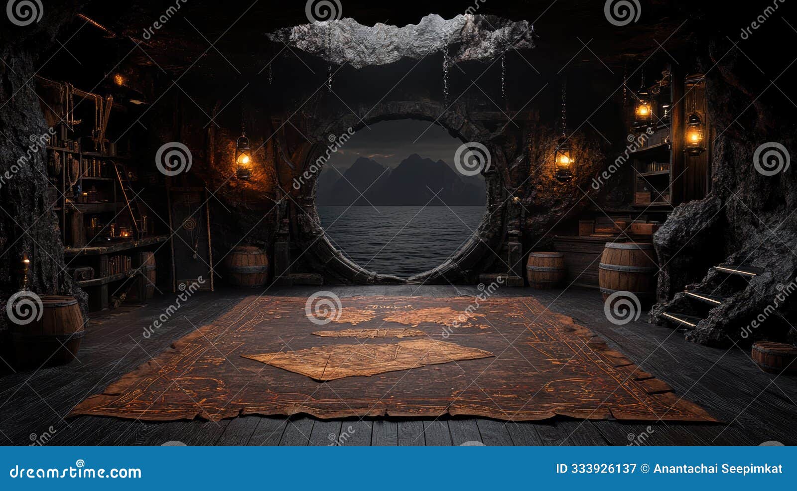 A Dimly Lit Cave Featuring a Large Circular Window Overlooking the ...