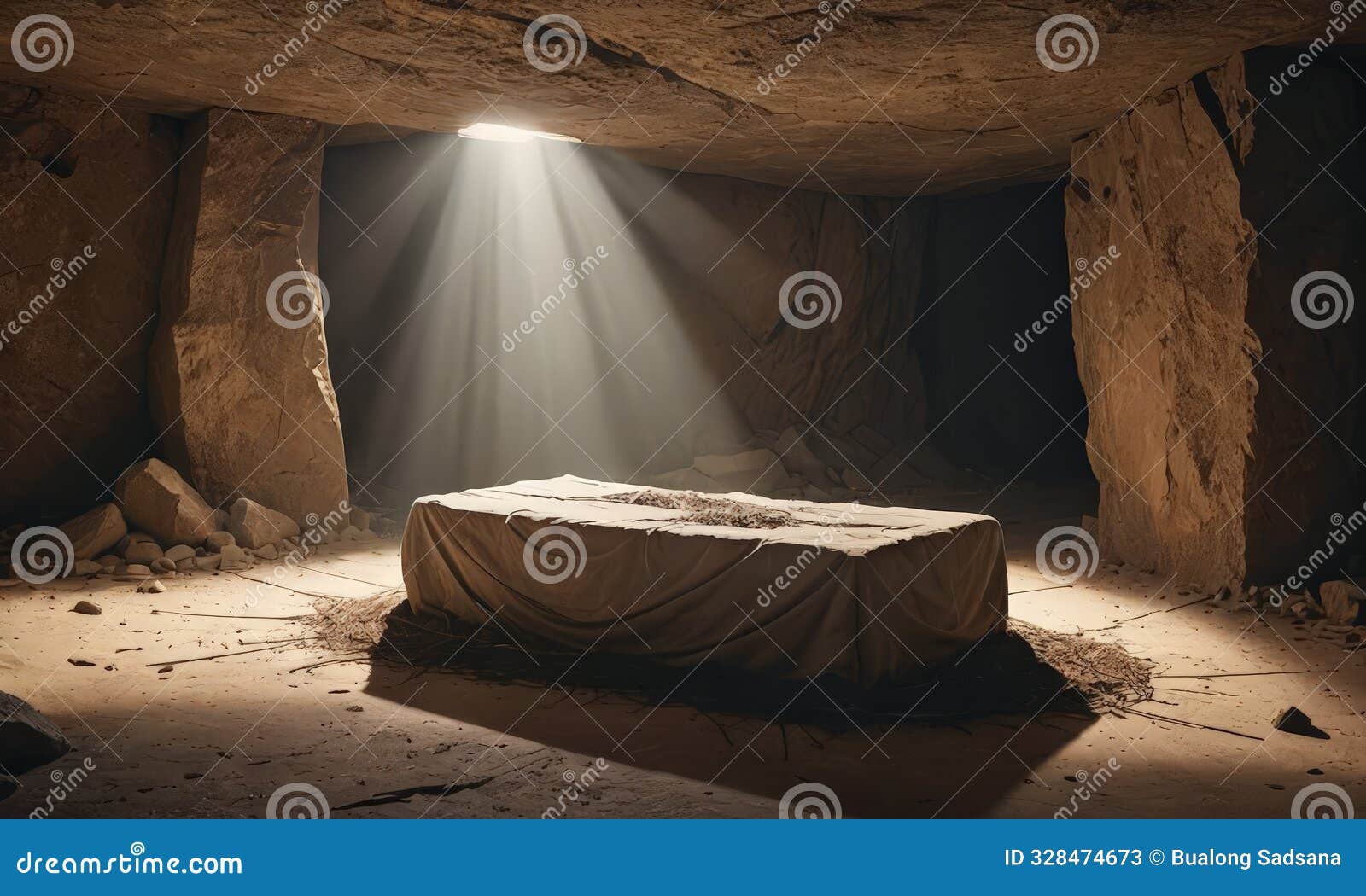A Dimly Lit Cave With Rugged Walls And A Draped Cloth On A Large Stone ...