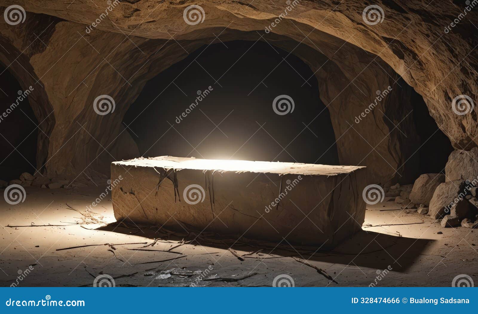 Dimly Lit Cave Interior Features Large Stone Slab with Single Light ...