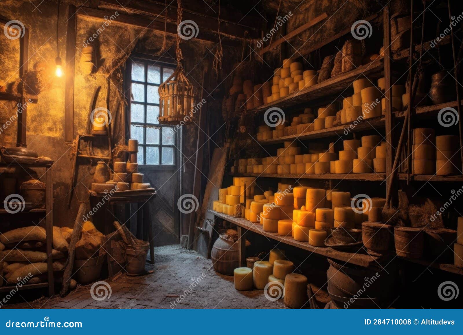 Dimly Lit Cheese Cellar with Cobwebs and Vintage Ambiance Stock Photo ...