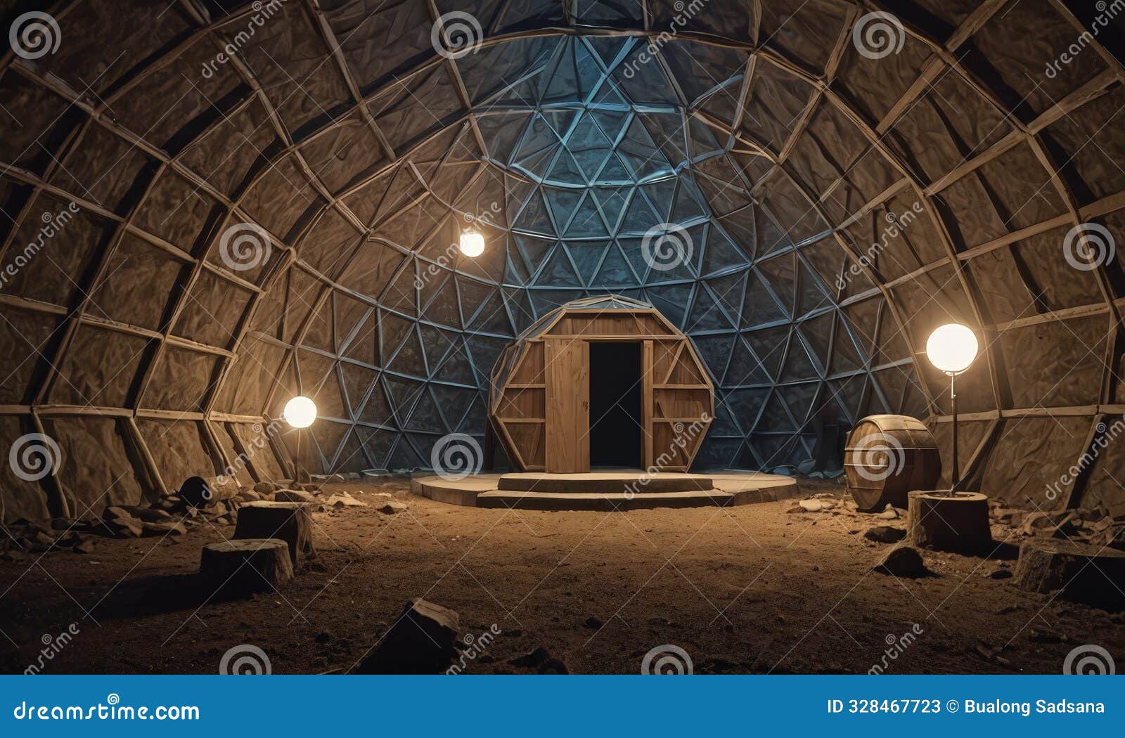 Dimly Lit, Circular Wooden Structure with Central Door and Two Light ...