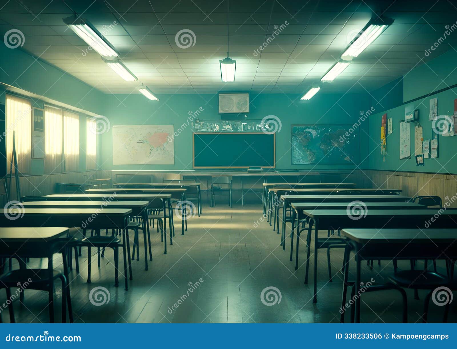 A Dimly Lit Classroom with Empty Desks and Educational Maps on the ...
