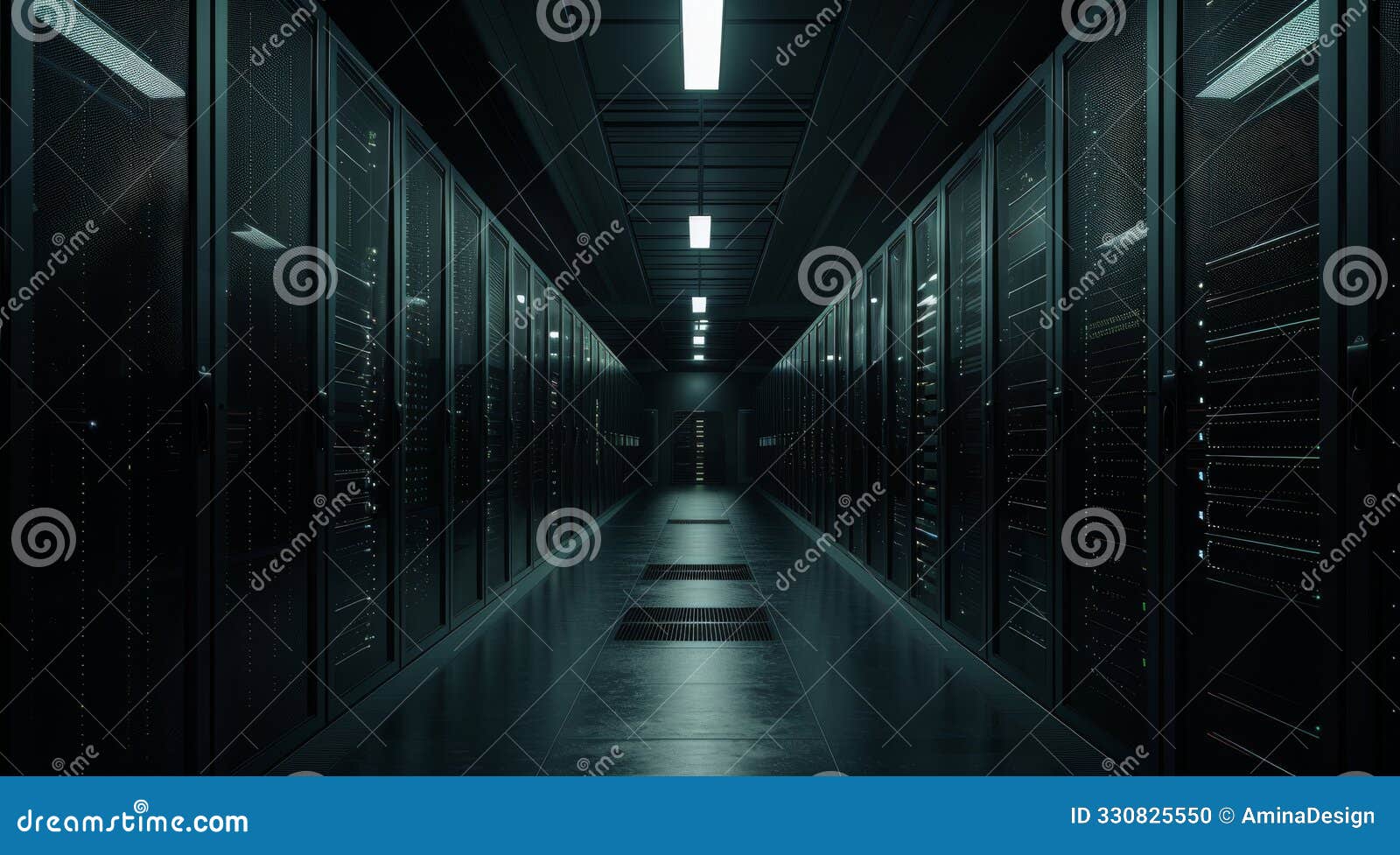 A Dimly Lit Corridor in a Data Center Features Rows of Server Racks ...