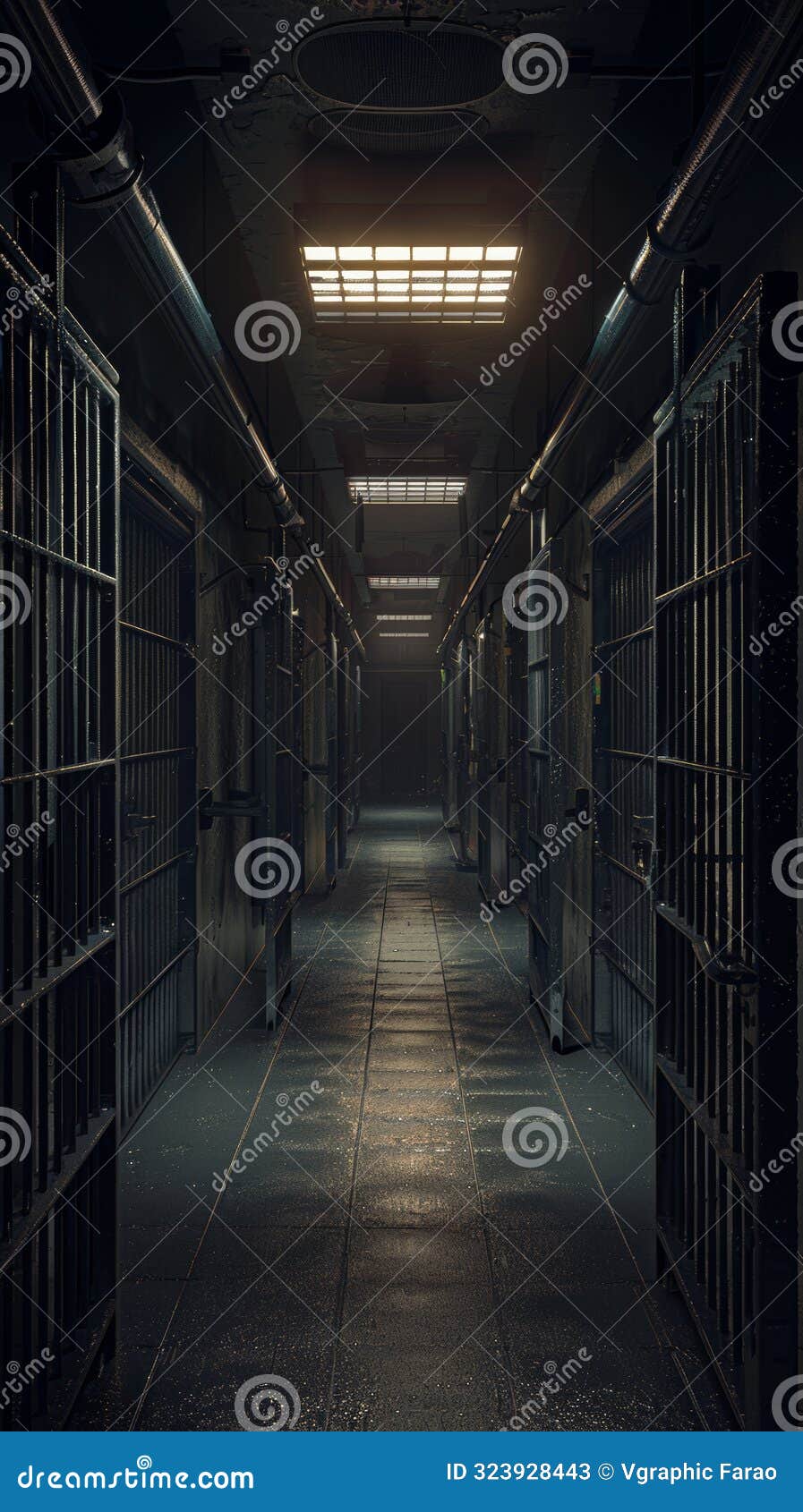 Dimly Lit Corridor of a Prison with Barred Cells and Fluorescent ...