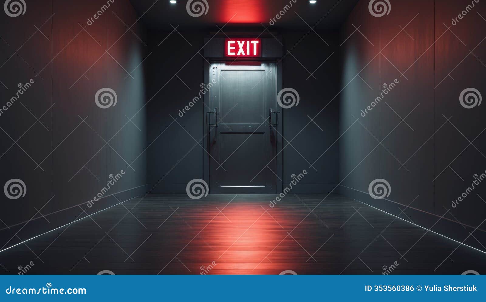 Dimly Lit Corridor with Red Exit Sign Above Closed Doorway. Stock Photo ...